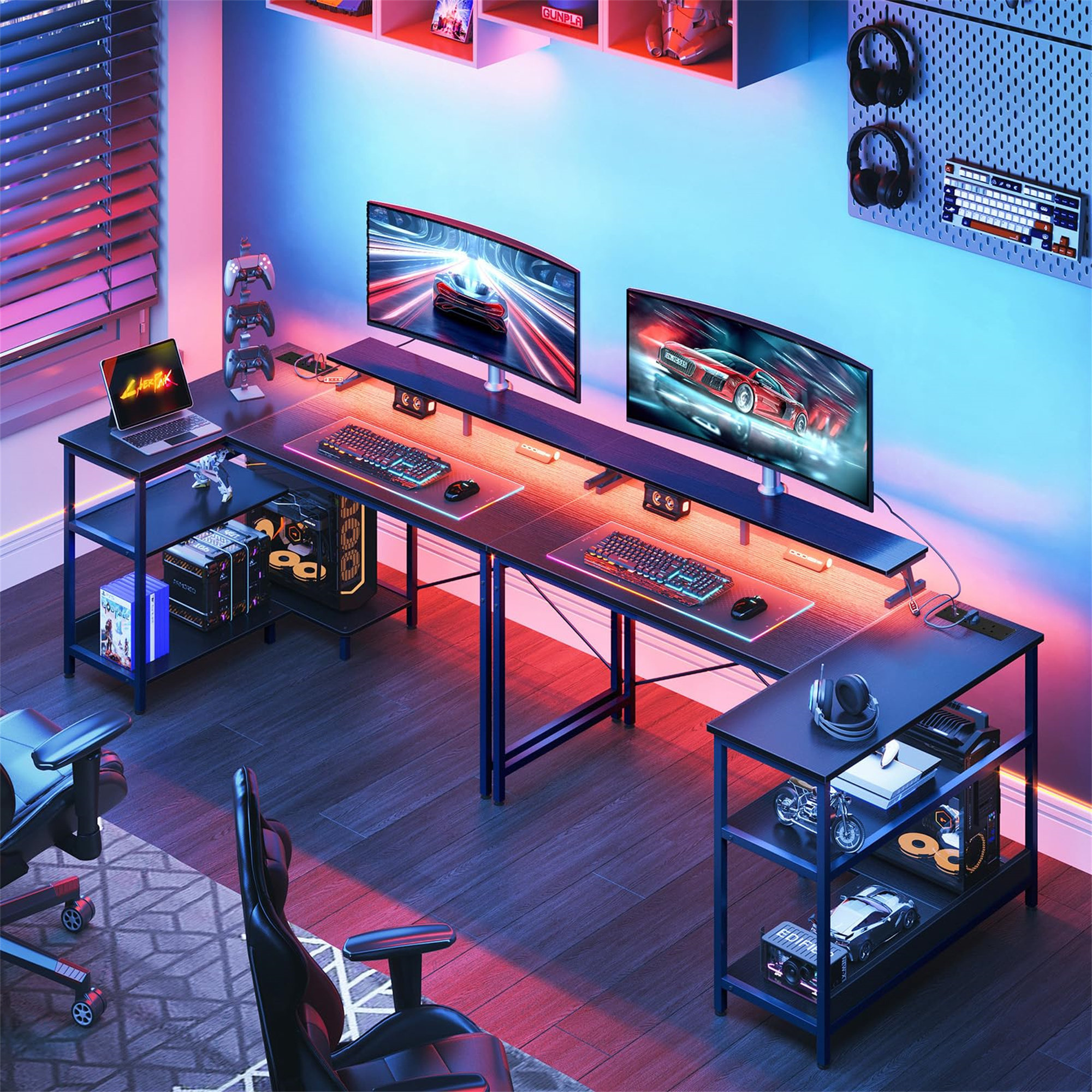 Borough Wharf L Shaped Gaming Desk With LED Lights, Computer Desk With ...