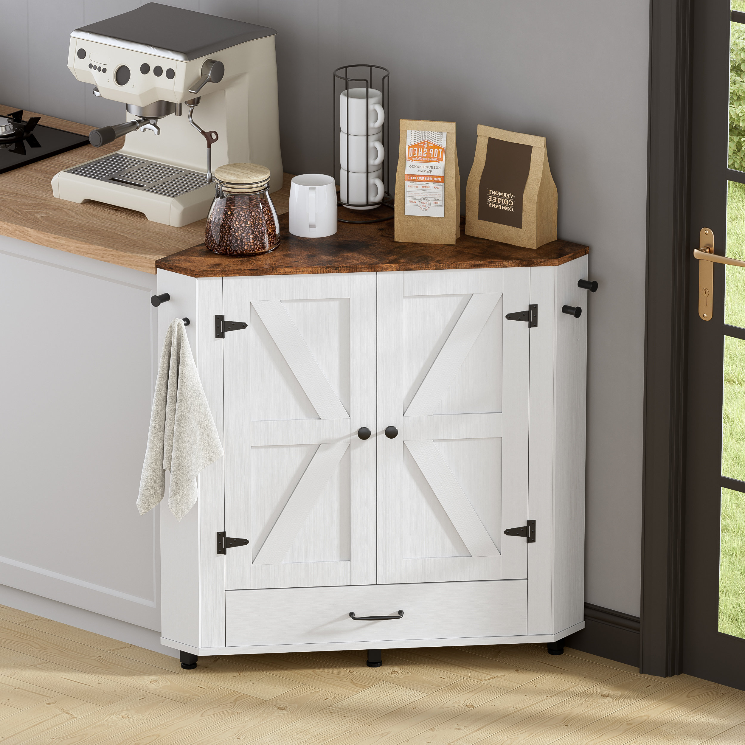 HTOCINQ Dog Feeding Station With 2 Bowls - Corner Storage Cabinet For ...