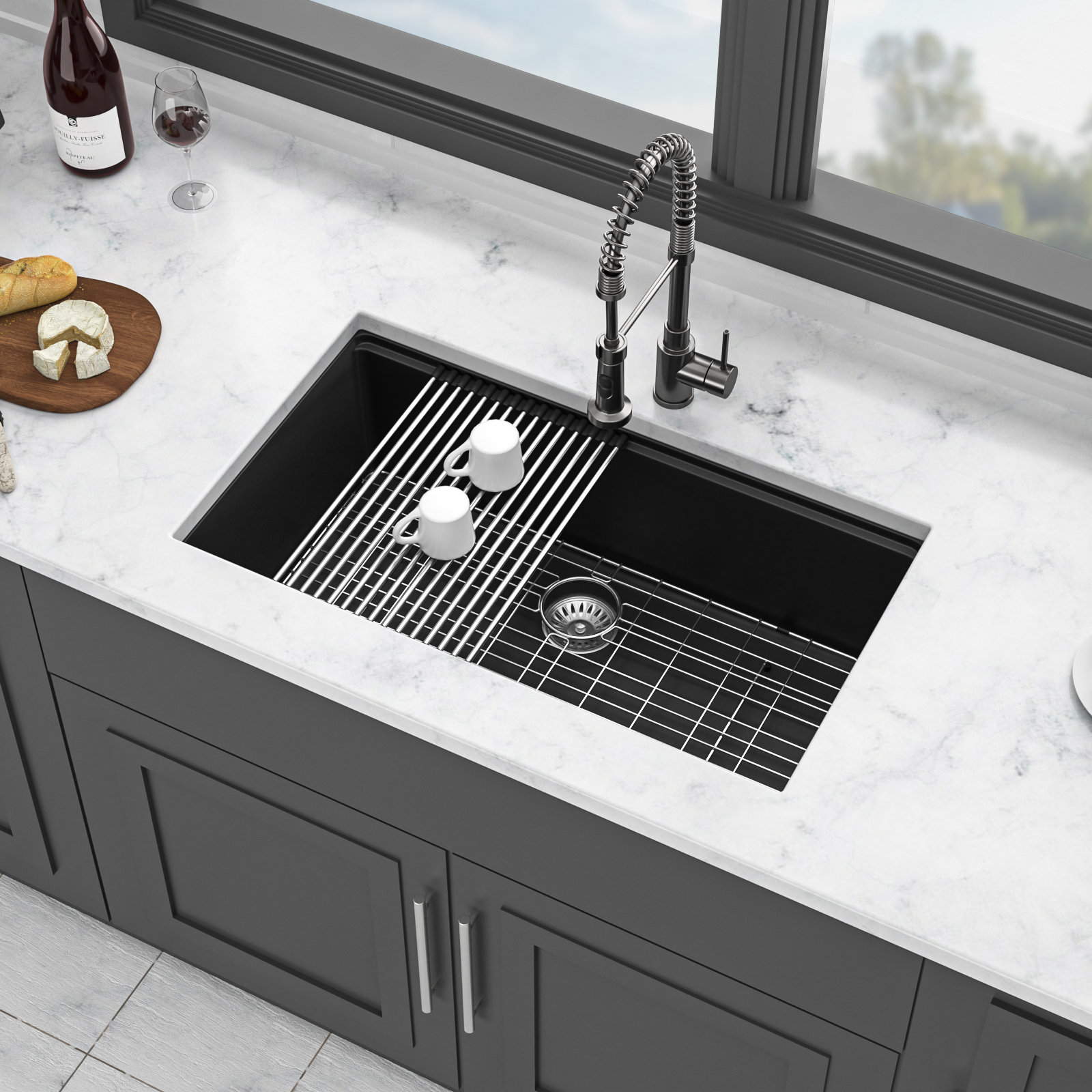 The Ai Furniture Quartz Kitchen Sink - 33"X19"X9.65" Black Granite ...