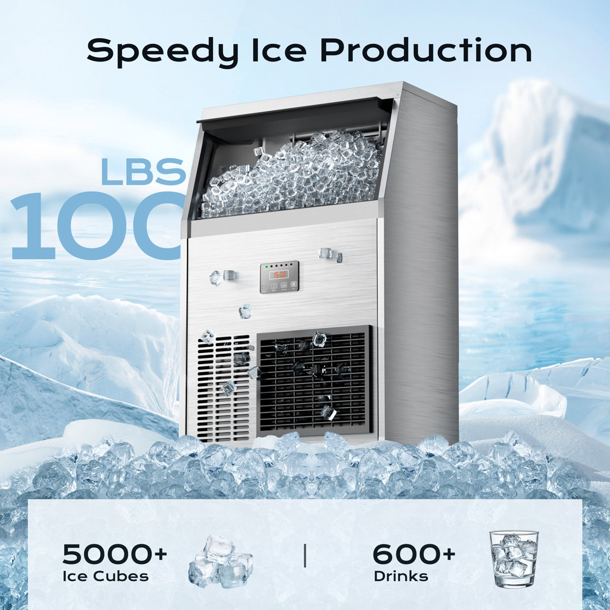 Coolake Commercial Ice Maker Machine 100lbs/24h Under Counter Ice ...