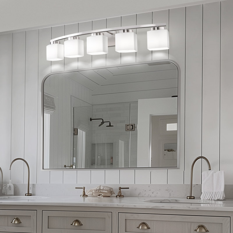 Ebern Designs 5-Light Nickel Modern Square Vanity Light For Bathroom ...