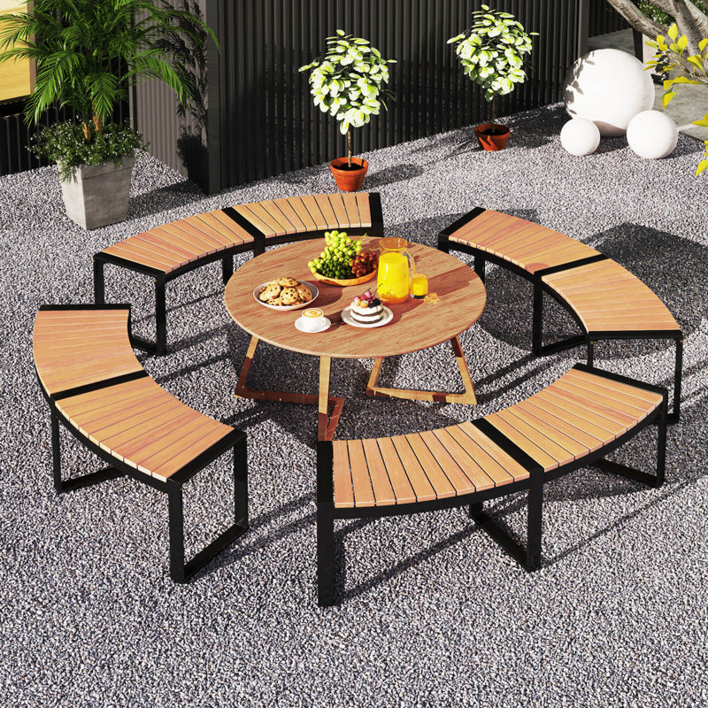 Ebern Designs Backless 2-Person Patio Curved Bench with Slatted Seat ...