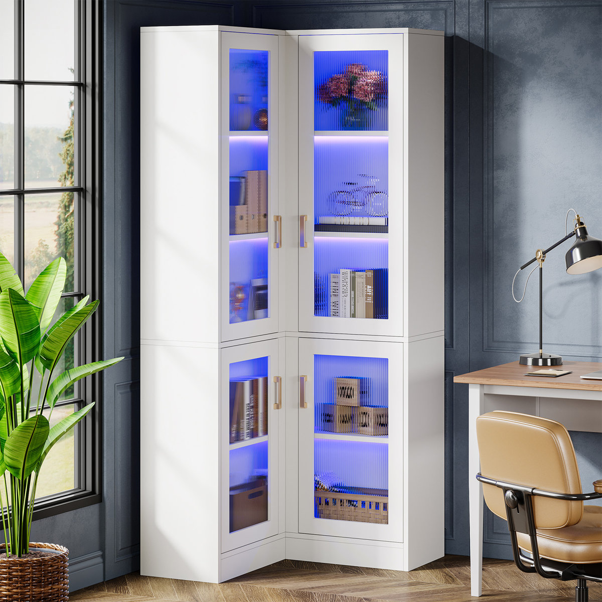 Ivy Bronx 70.9" L-Shaped Bookcase with LED Light and 4 Acrylic Doors ...