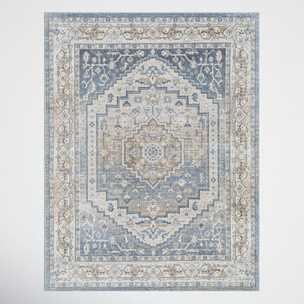 Langley Street® Kinzel Machine Washable Oriental Blue/Mustard Area Rug ...