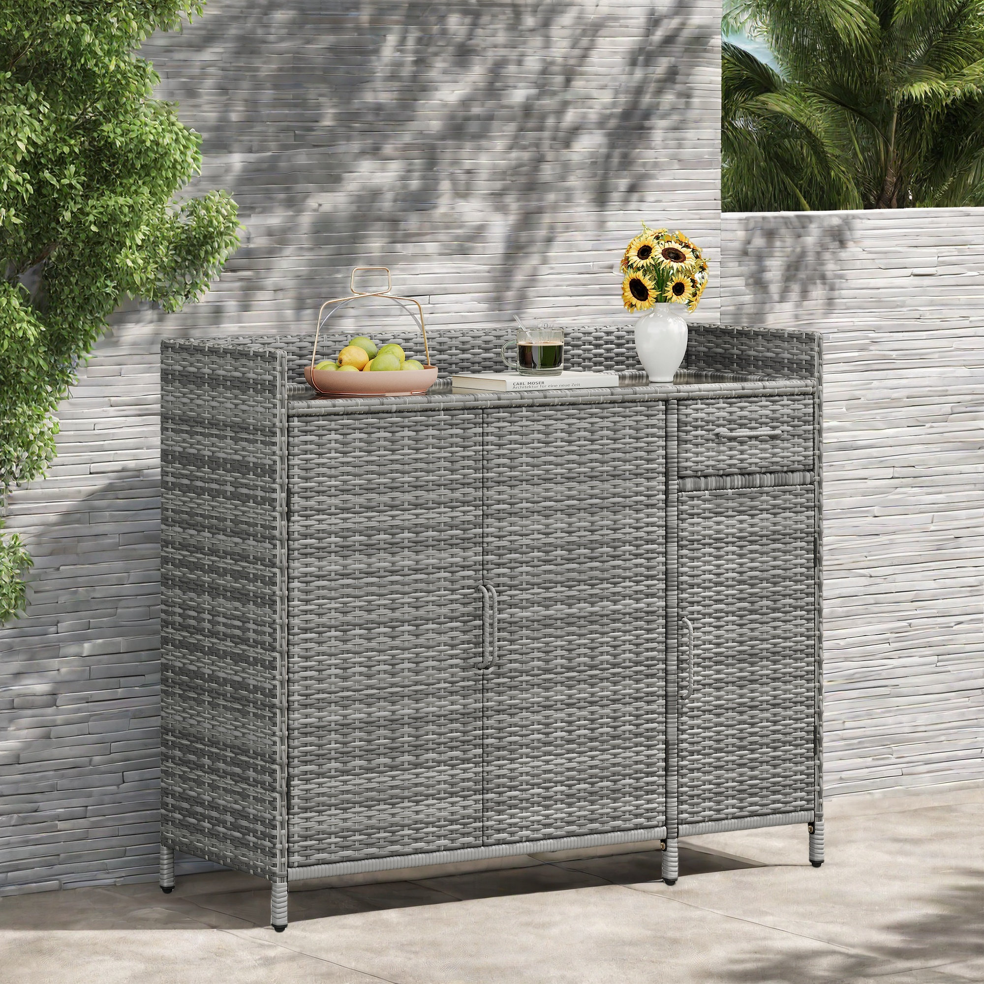 Latitude Run® Outdoor Wicker Storage Cabinet With Three Doors, Tempered ...