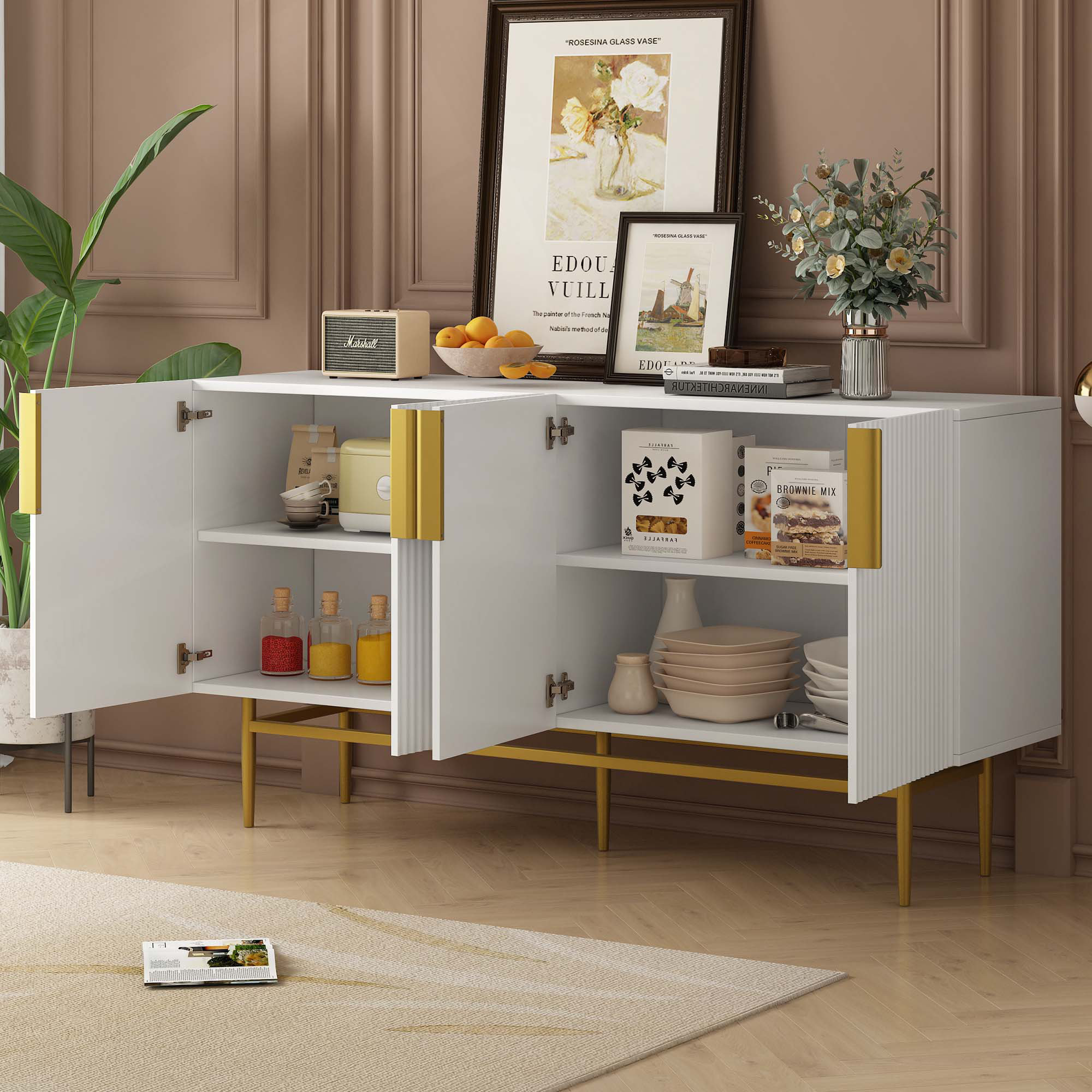 Mercer41 Modern Elegant 4-Door Sideboard Gold Metal Handle Buffet ...