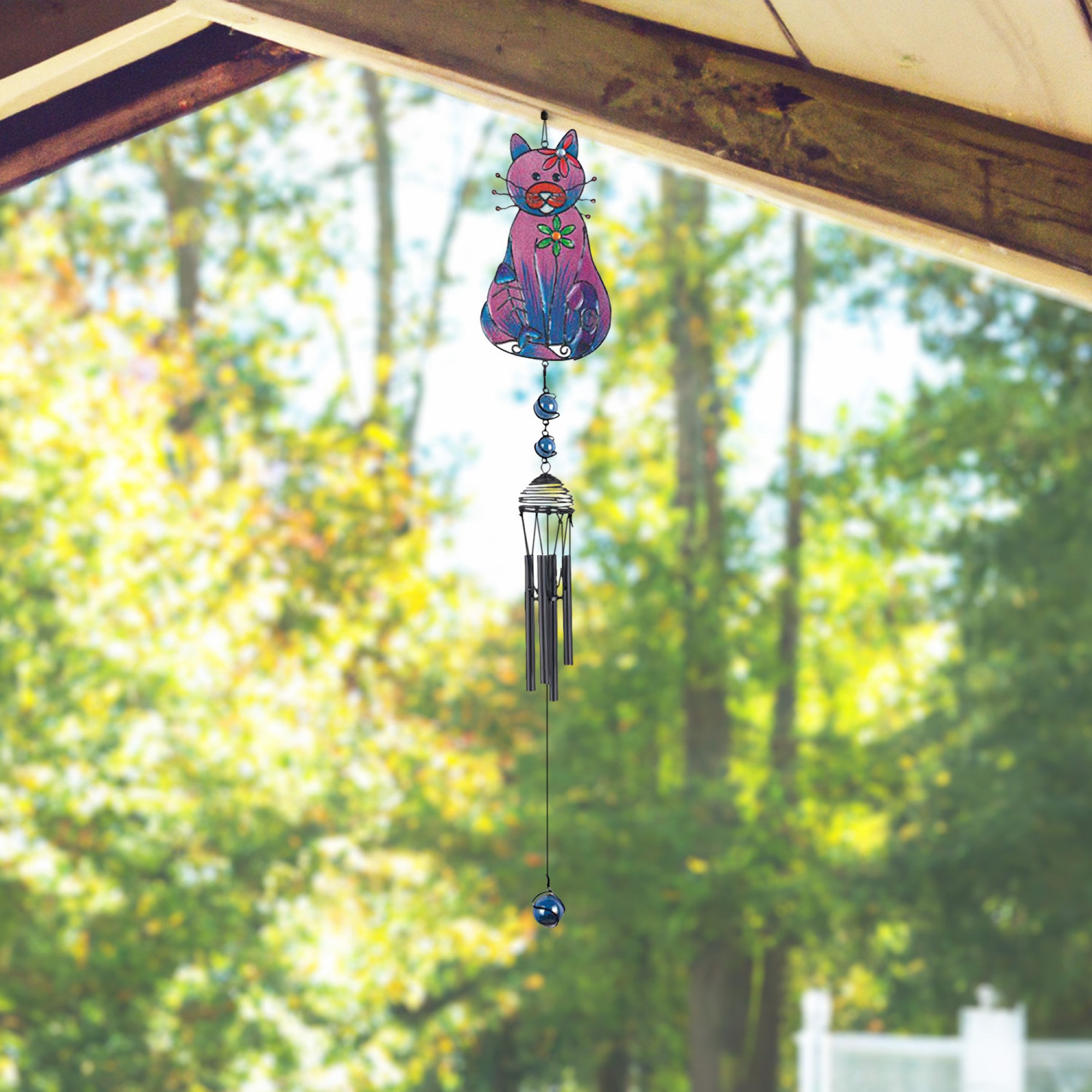 Arlmont & Co. 30" Long Purple Cat with Fish Bone Black Gem Wind Chime ...