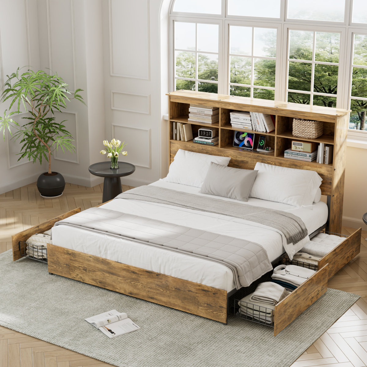 17 Stories Bookcase Bed With Storage Drawer & Charging Station, Wooden ...