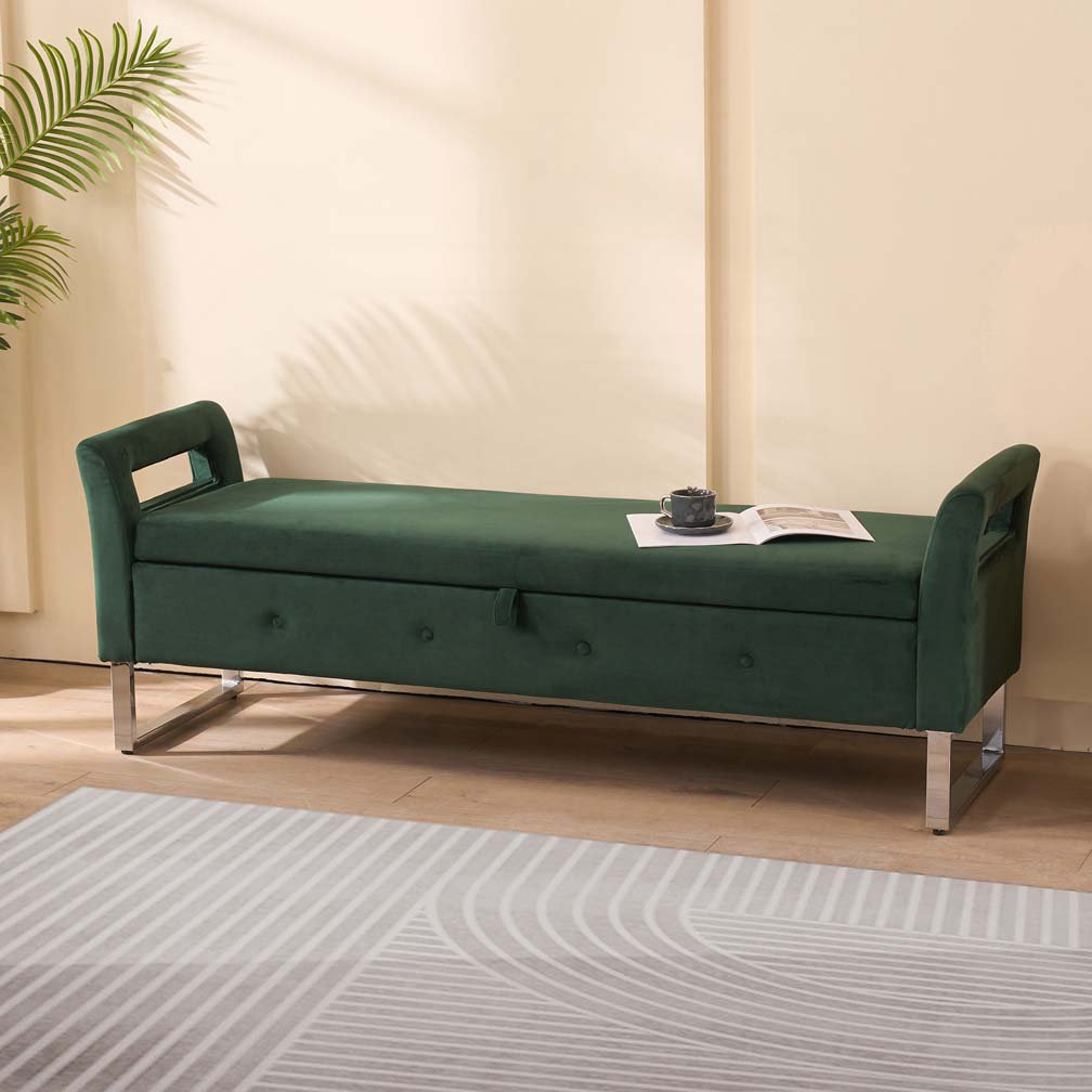 Mercer41 Velvet Storage Soft Bench with Armrests for Living Room ...