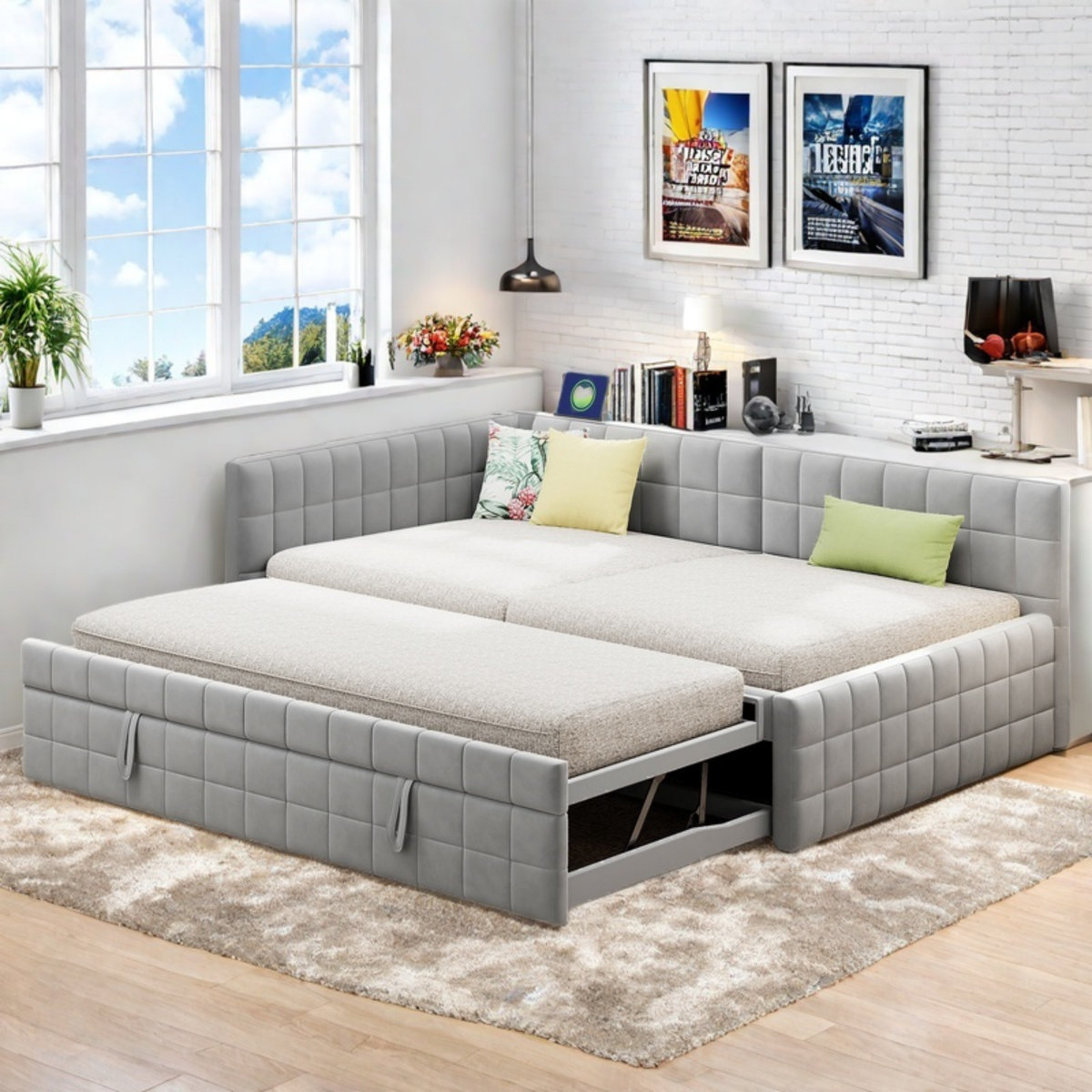 Latitude Run® Upholstered L-shaped Daybed With Pop Up Trundle, Usb ...