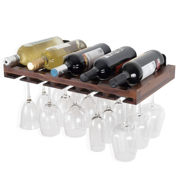 Prep & Savour 5 Bottle Solid Wood Wall Mounted Wine Bottle & Glass Rack ...