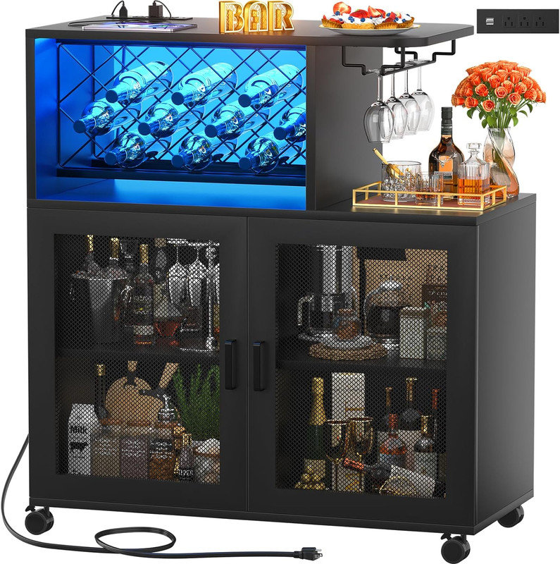 Wildon Home® Small Liquor Cabinet with LED Light, Home Bar Cart with ...