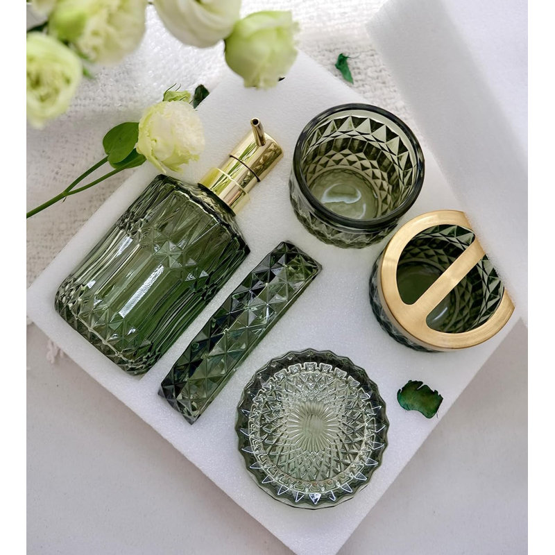 Everly Quinn Glass Bathroom Accessories Set,Green 5Pcs , Hand Soap ...