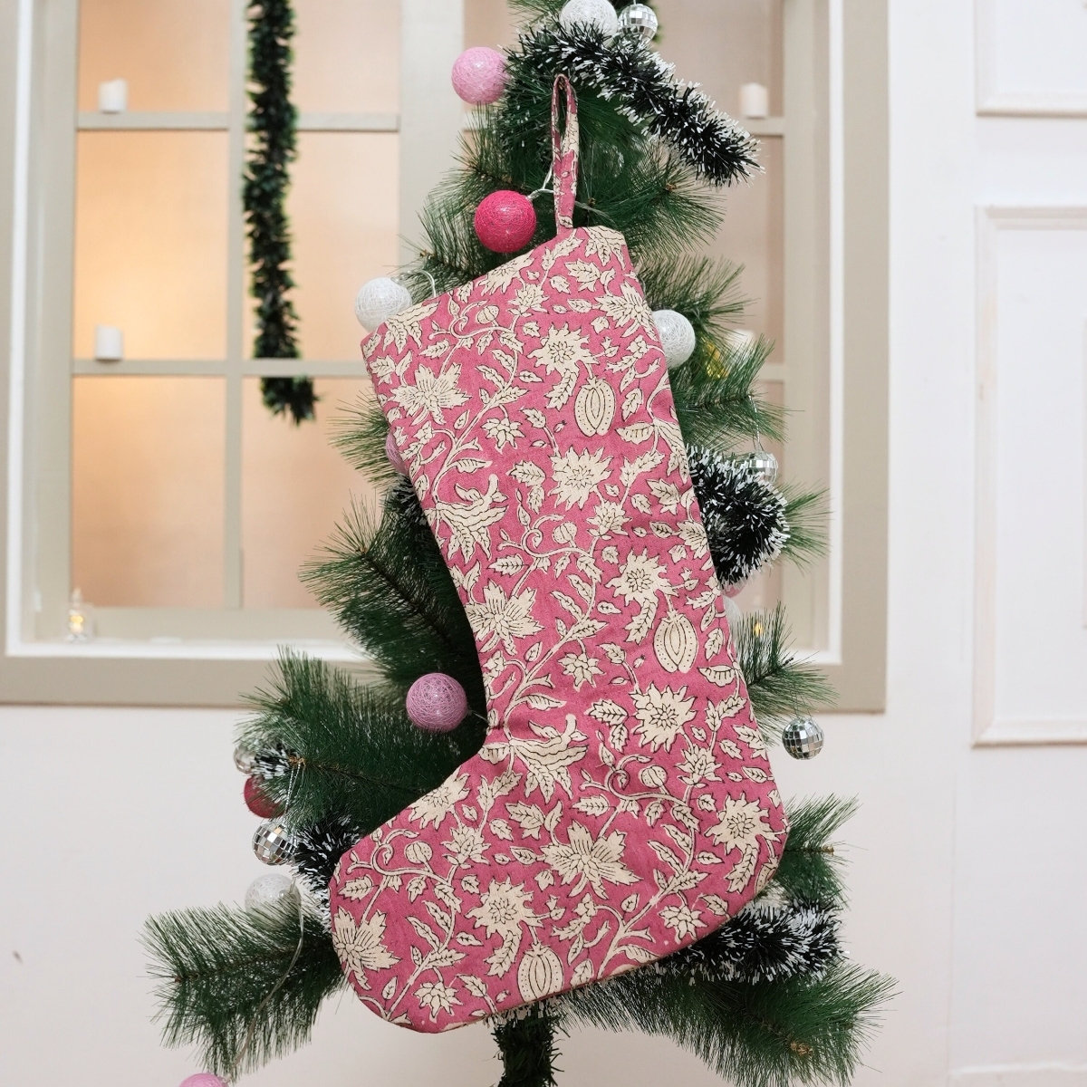 The Holiday Aisle® Boho Block Print Linen Christmas Stocking Holiday ...