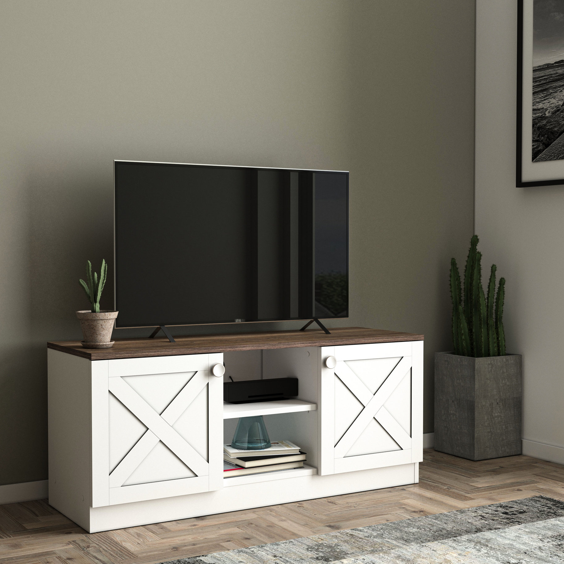 Latitude Run® 80 - 89 Inches Tv Stand With 2 Cupboards, Wood Base ...