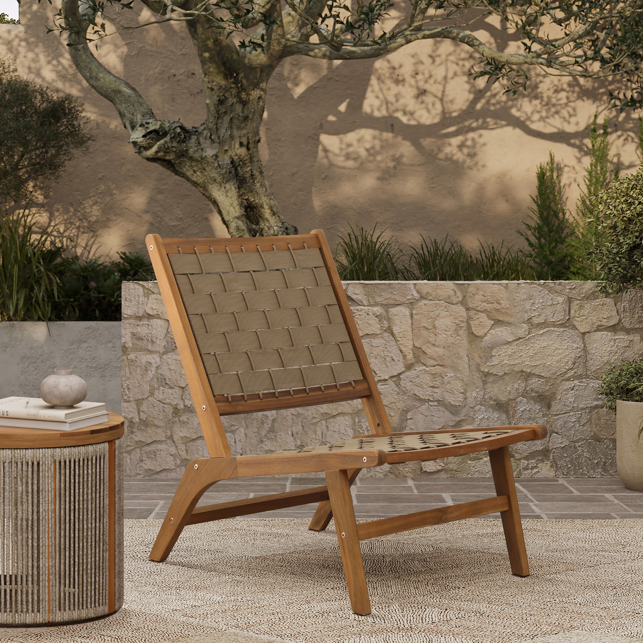 Dakota Fields Outdoor Acacia Wood Woven Back and Seat Armless Deck ...