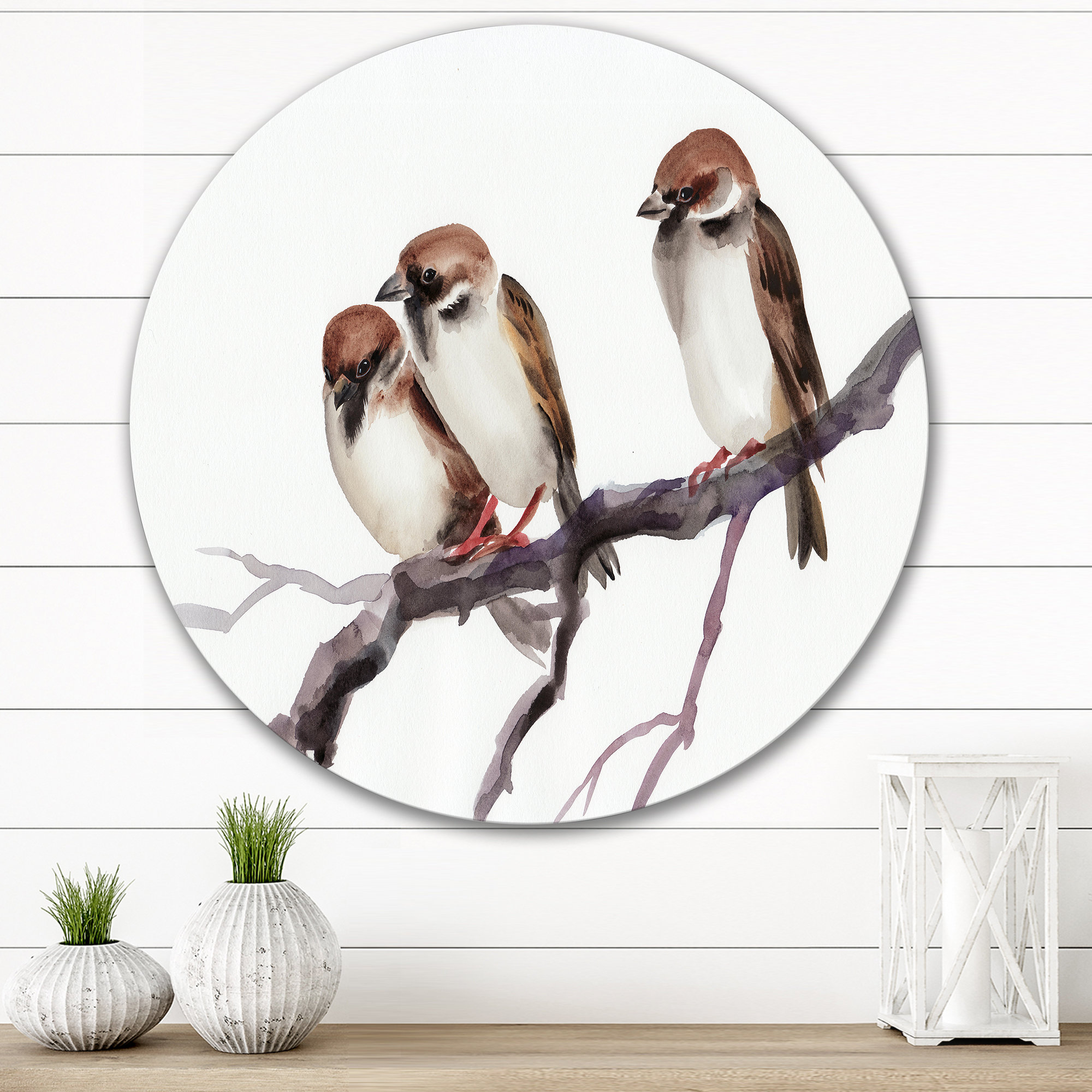 Red Barrel Studio® Three Sparrows on a Branch - Unframed Painting | Wayfair