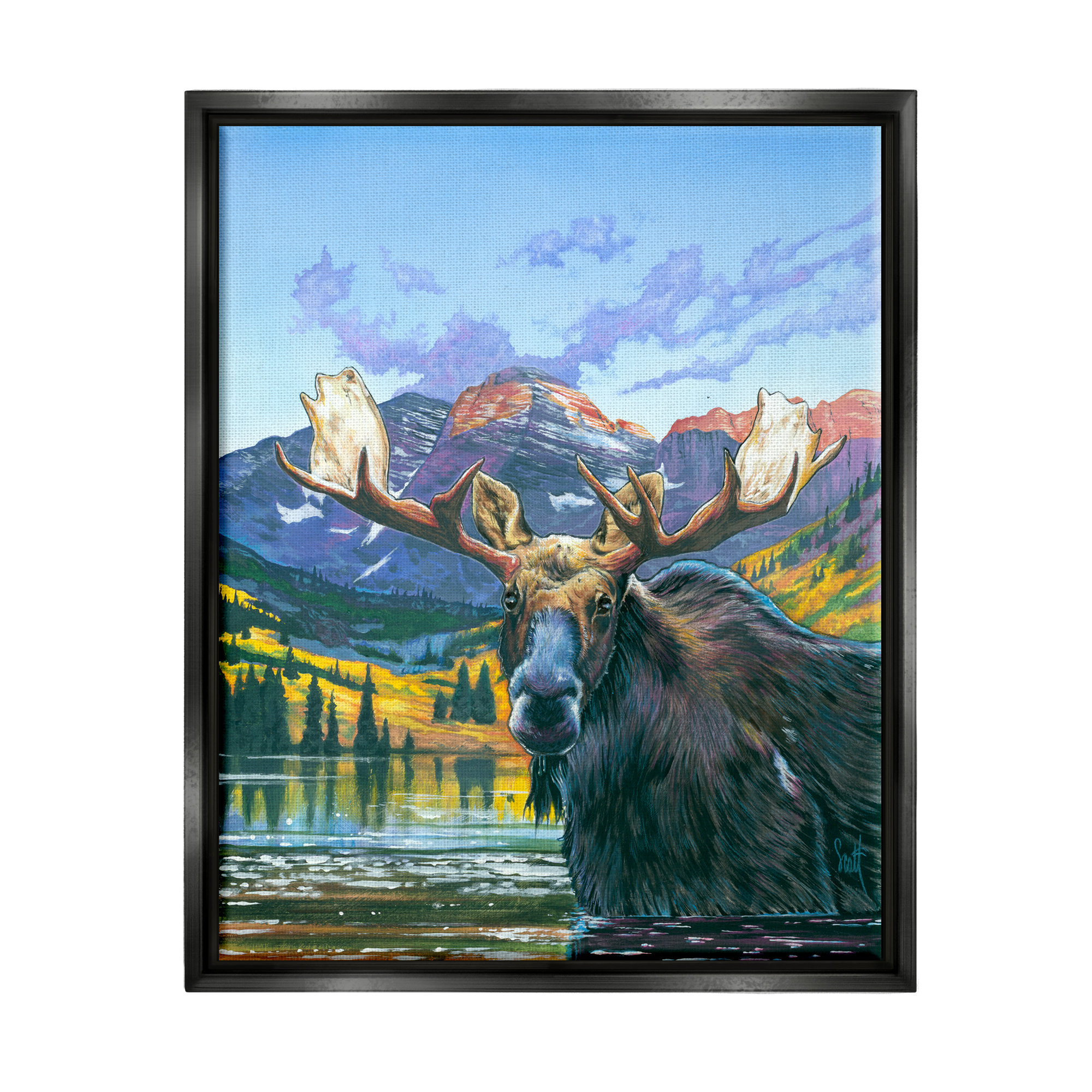 Stupell Industries Moose in River Painting Canvas Wall Art Design by ...