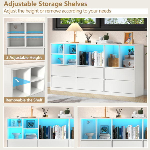 Wrought Studio™ 6 Drawers Dresser With 7 Storage Cubbies, LED Chest Of ...