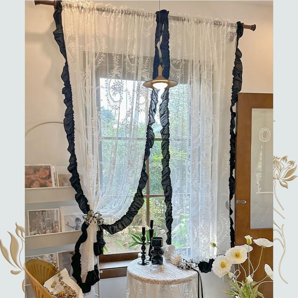Lark Manor™ Rose Lace Sheer White Scallop Ruffle Tulle Curtains Retro ...