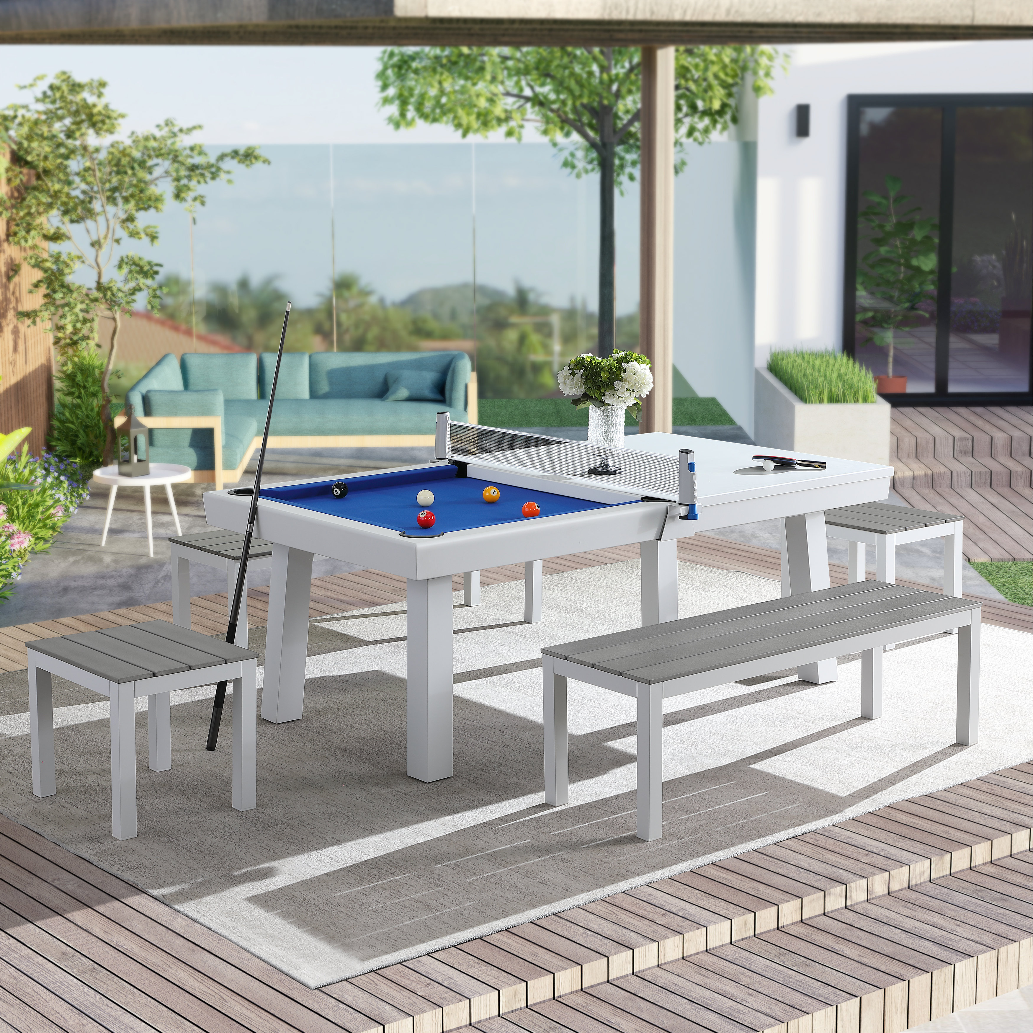 HomeSeason Oasis Outdoor/Indoor Slate Dining Pool Table w/ 4 Benches ...