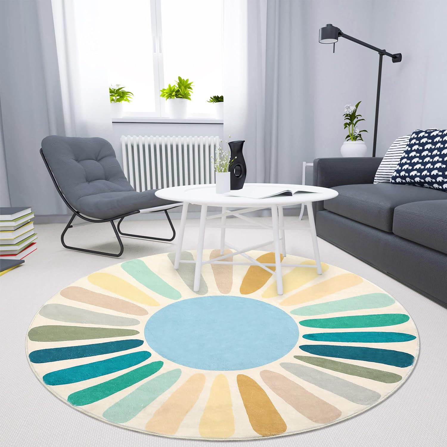 George Oliver 4Ft Round Rug Boho,Washable,Blue | Wayfair