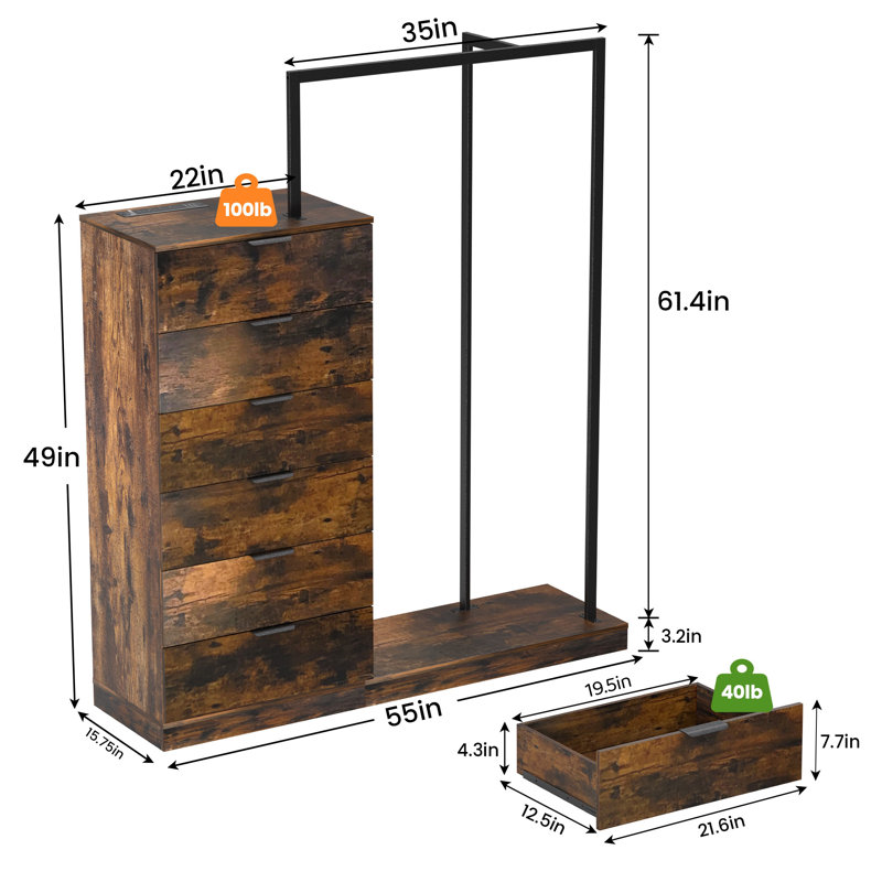 17 Stories Latissia 55"W Cloth Rack With 6-Drawer Dresser And Charge ...