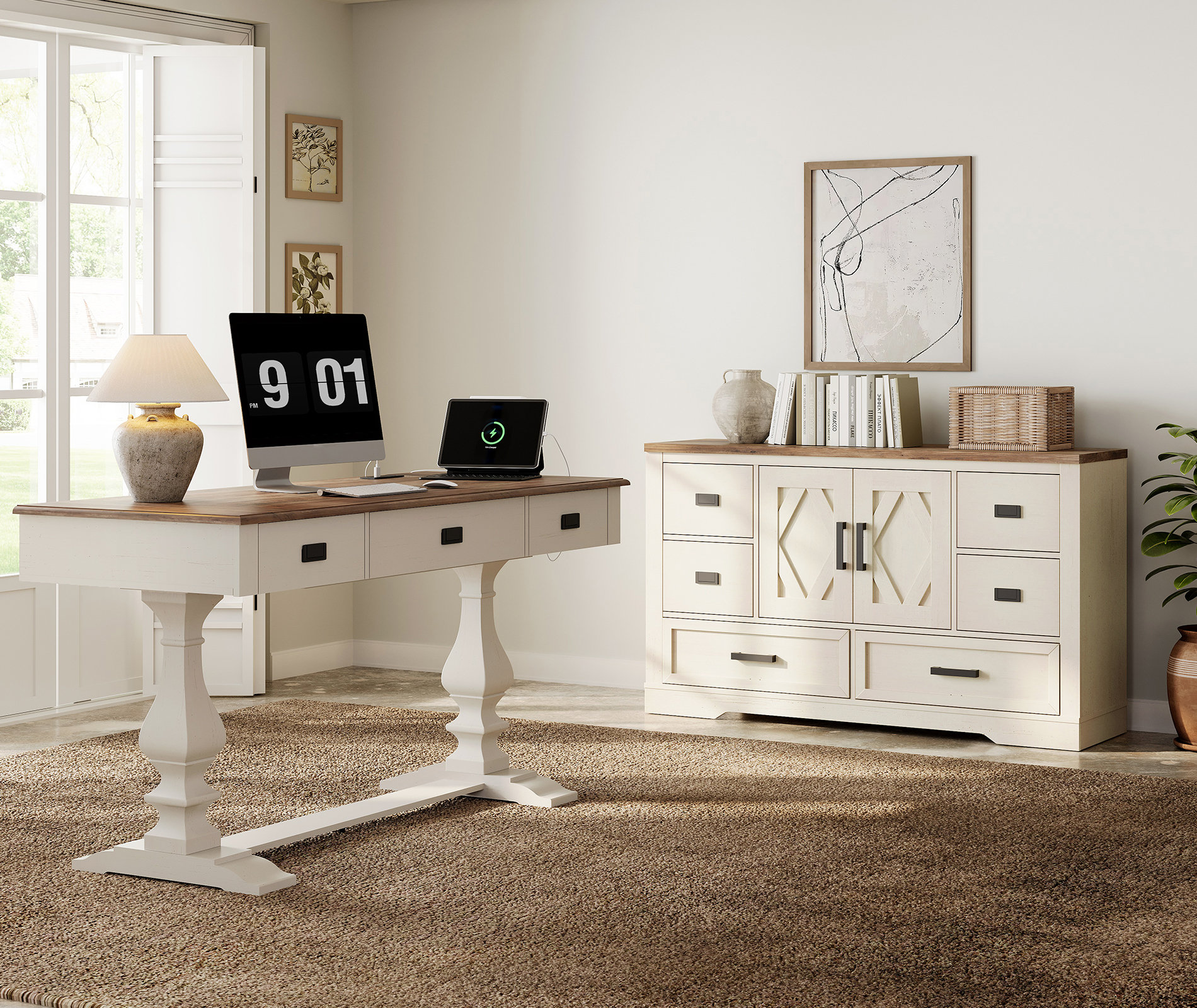 Lark Manor™ Farmhouse Office Desk Set With Sideboard Storage Cabinet ...