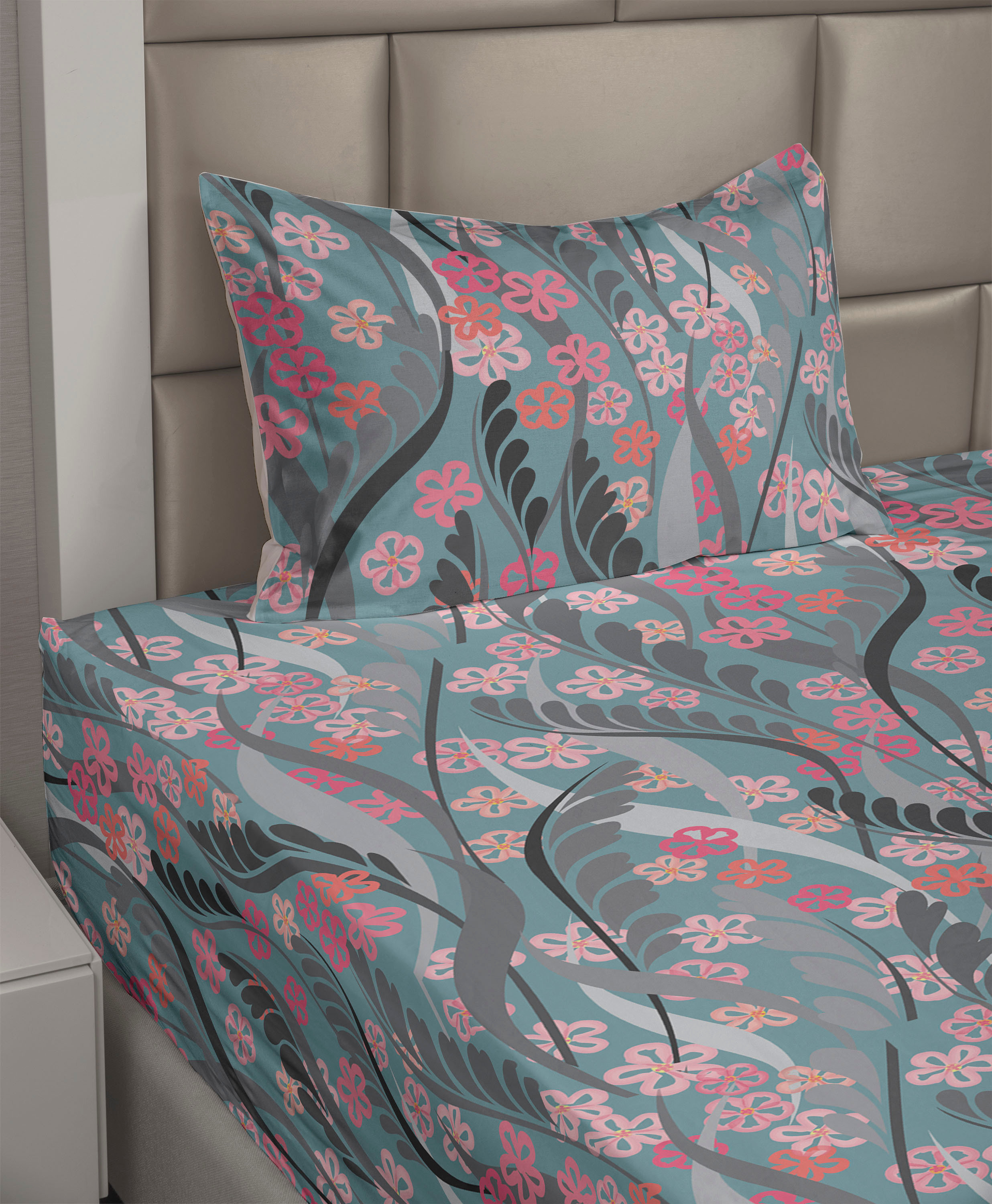 Ambesonne Floral Boho Sheet Set Simple Falling Blooms Cadet Blue Pale ...