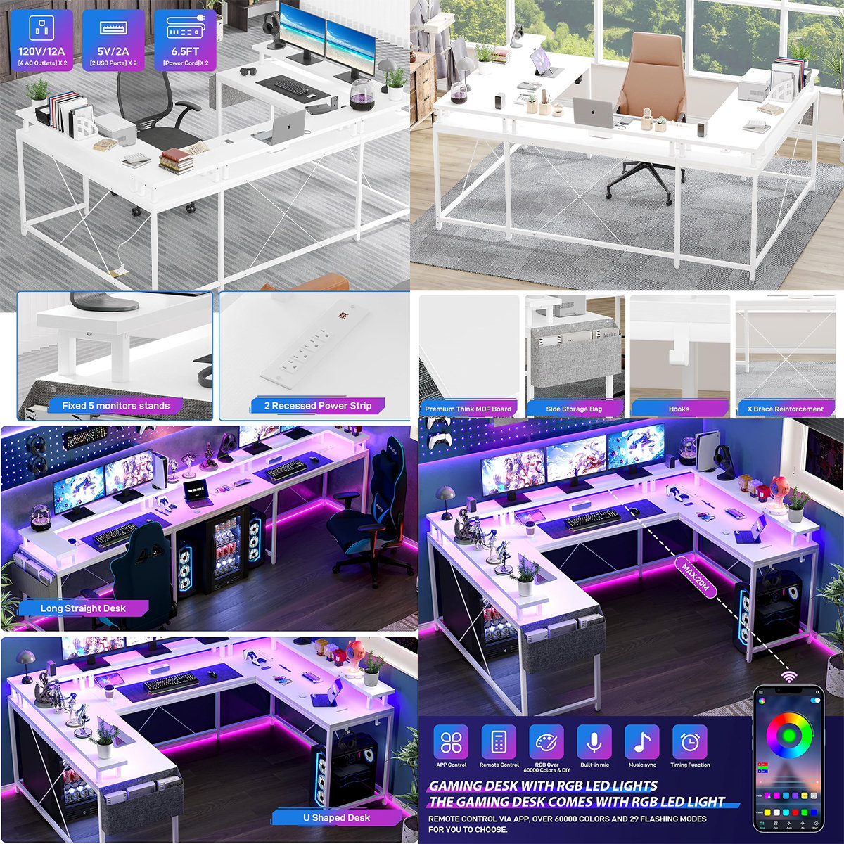 Inbox Zero Rudden U-Shaped Gaming Desk With Power Outlets, LED Strip ...
