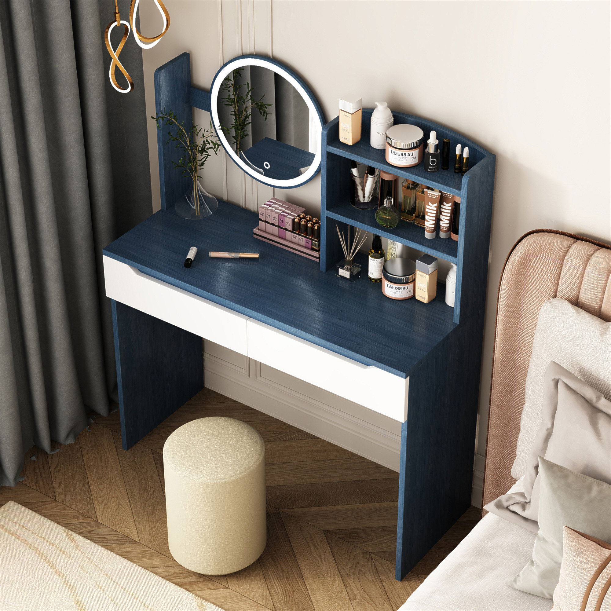 HLILish Table Set With HD Mirror And Large Drawers Mini Makeup Dressing ...