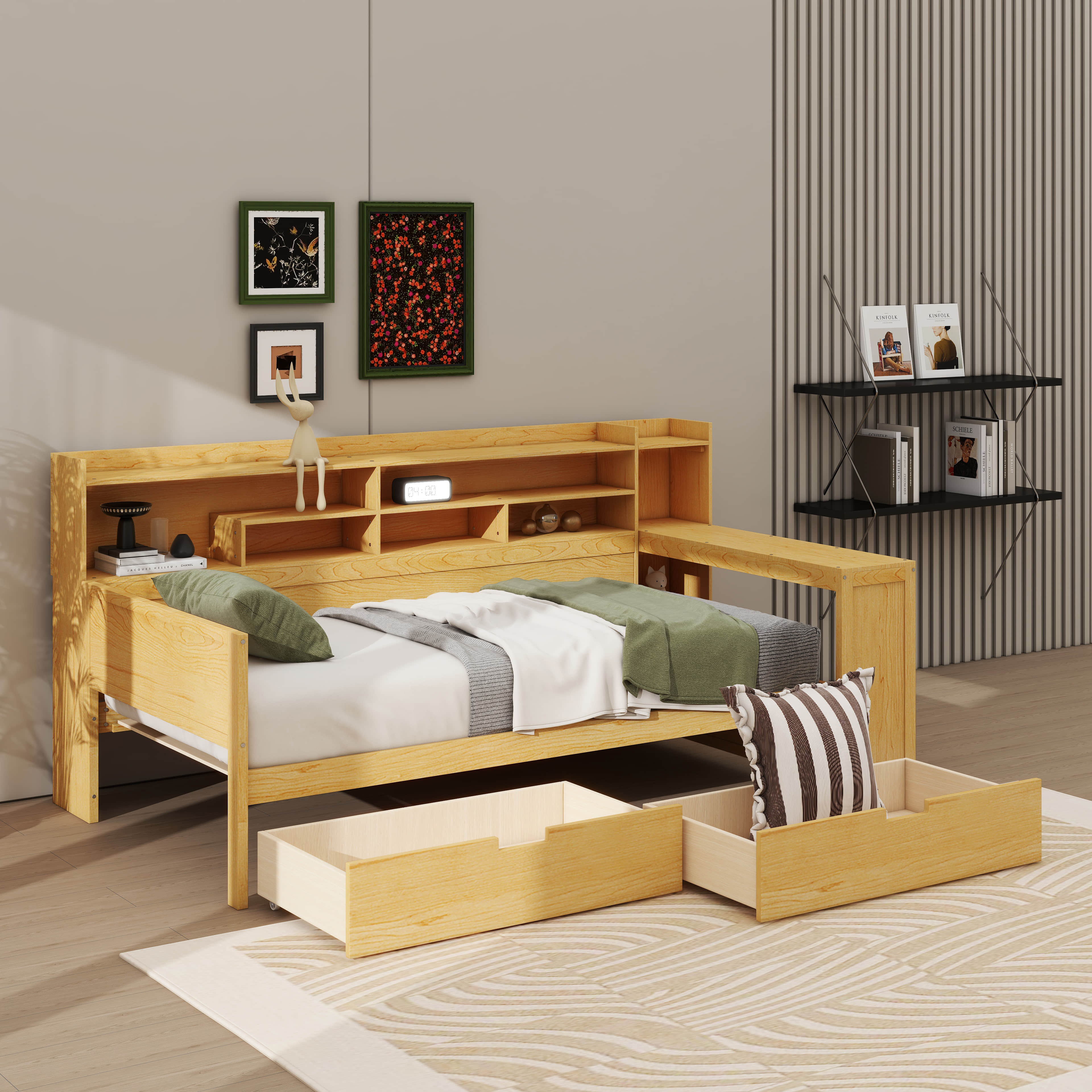 Latitude Run® Twin-Size Wooden Daybed Featuring Integrated Storage Shelves, A Versatile Design ...