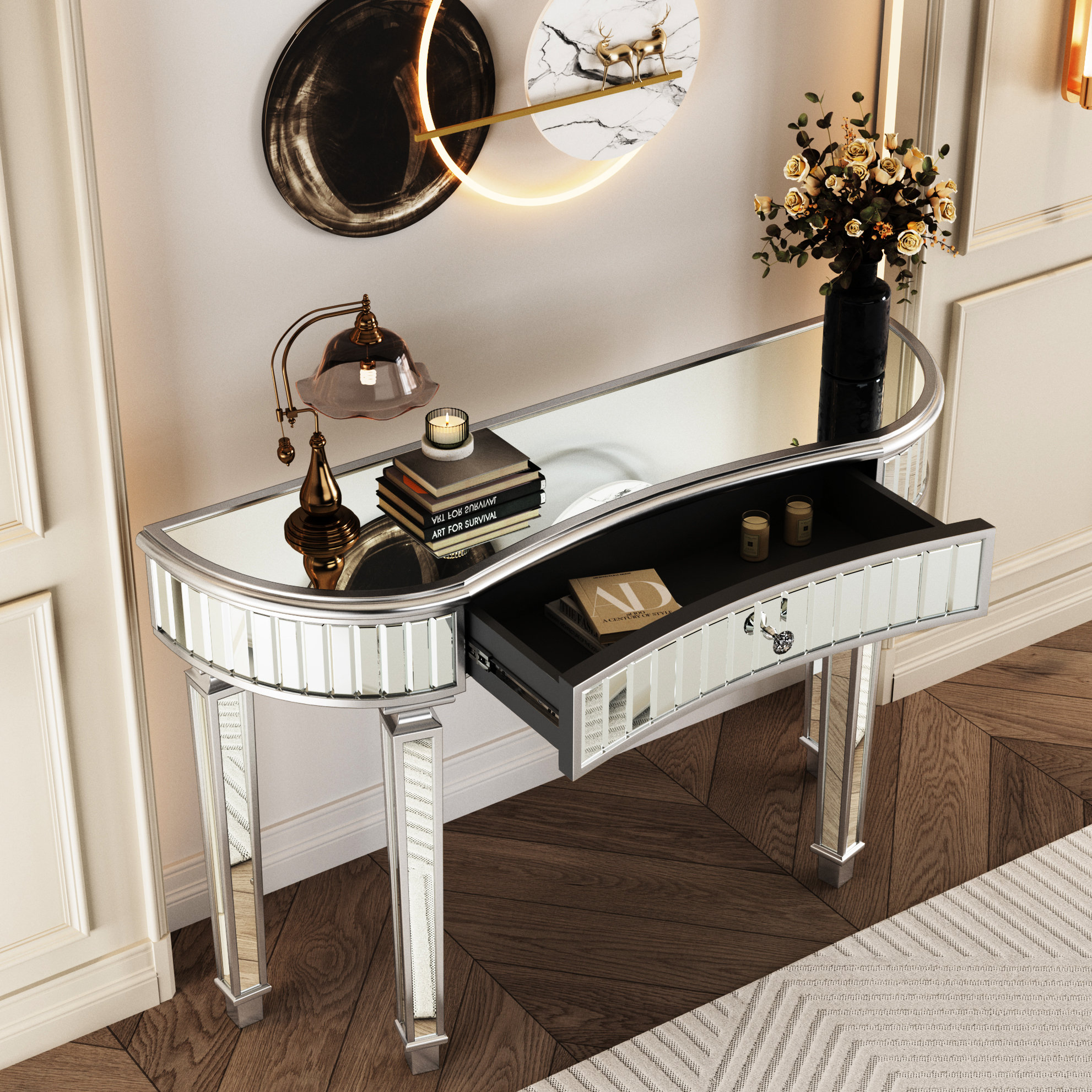 Latitude Run® 47" Semicircular Mirrored Console For Bedroom Or Dressing ...