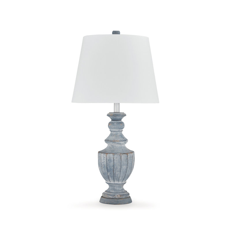Benjara Rick 32 Inch Table Lamp, White Empire Fabric Shade, Turned Blue ...