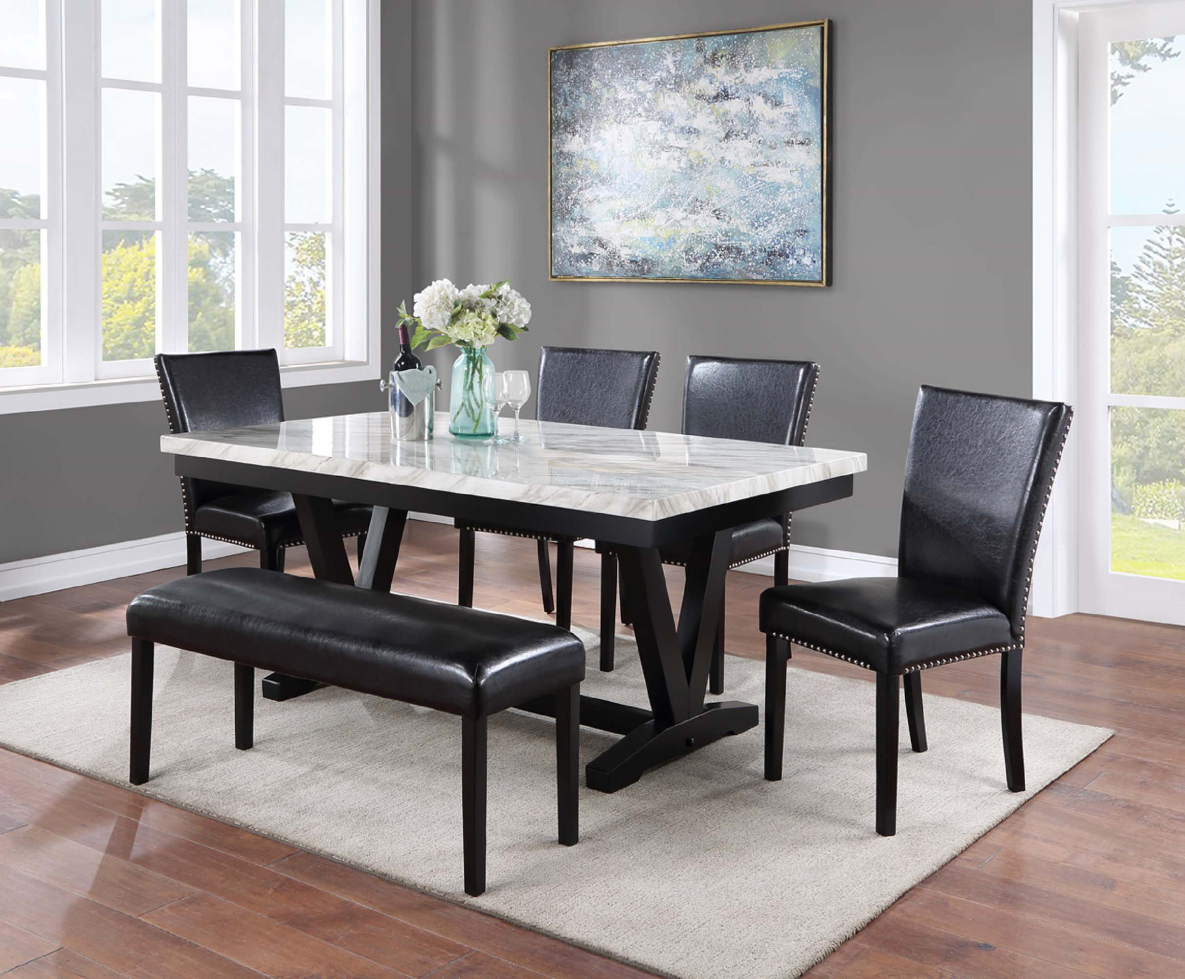 Hokku Designs Faux Marble & Dining Table Set Faux Leather Upholstered ...
