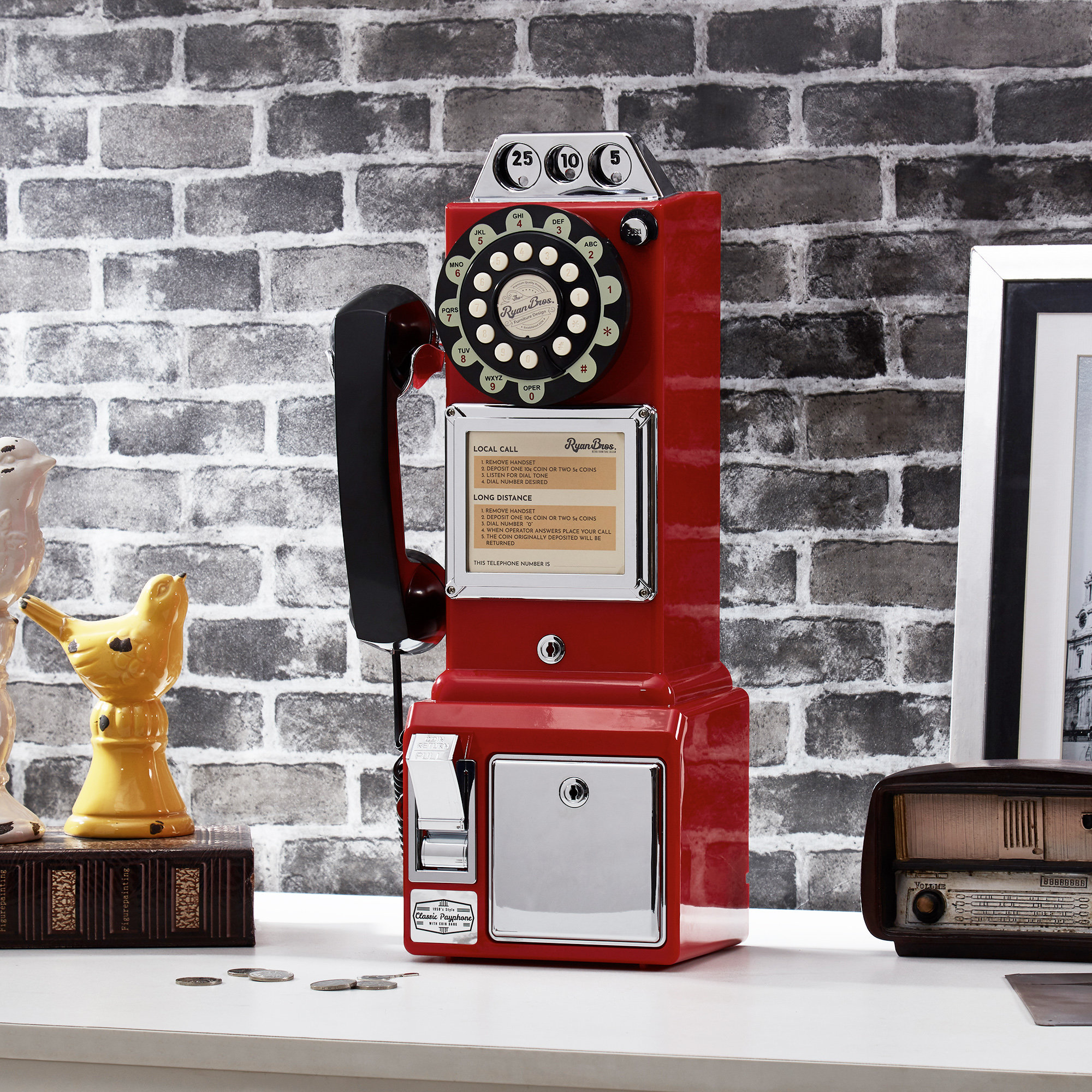 Ryan Bros. American Retro 1950'S Payphone With Coin Bank (Red) | Wayfair