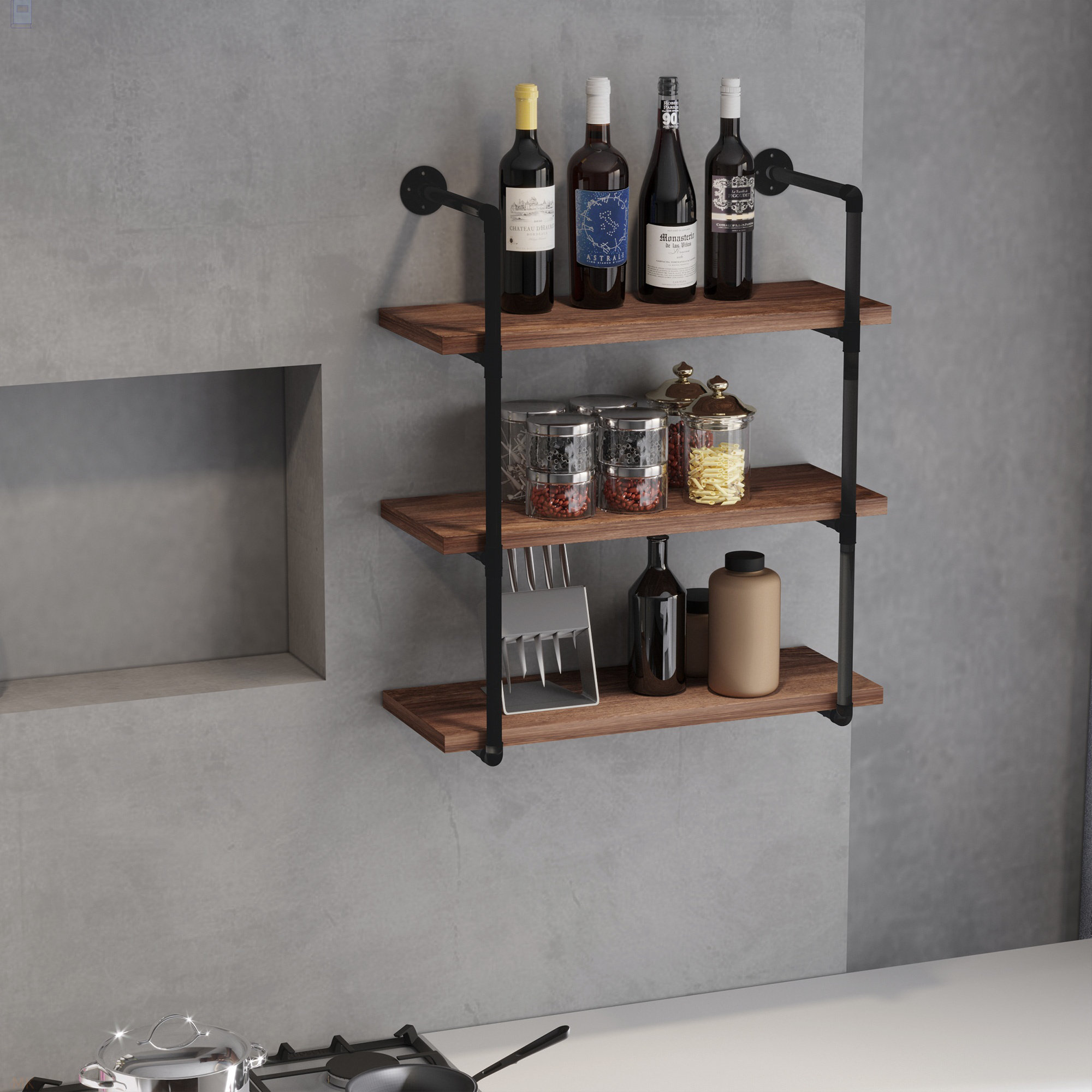 Williston Forge 3-Tier Industrial Pipe Shelves, Floating Wall Mounted ...