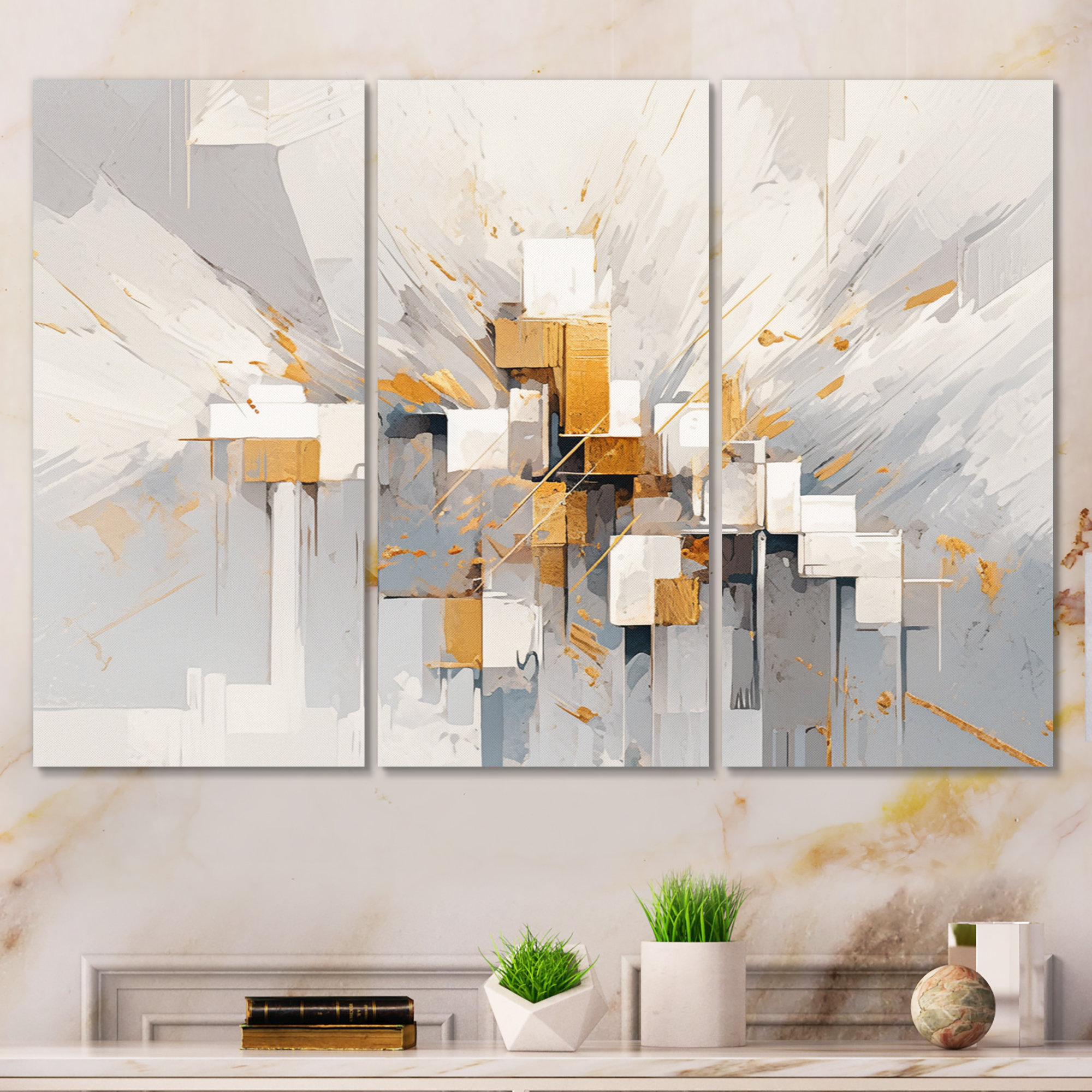 Design Art Beige and Gold Cubist Kaleidoscope V - Cubism Metal Wall Art ...
