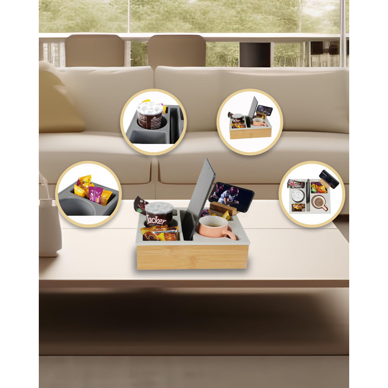 Latitude Run® Couch Cup Holder Tray, Silicone Bamboo Couch Caddy With ...