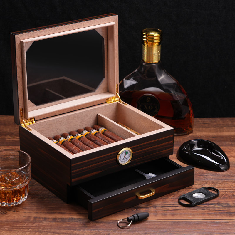 Hokku Designs Cigar Humidor Box for 30 Cigars with Drawer, Hygrometer ...
