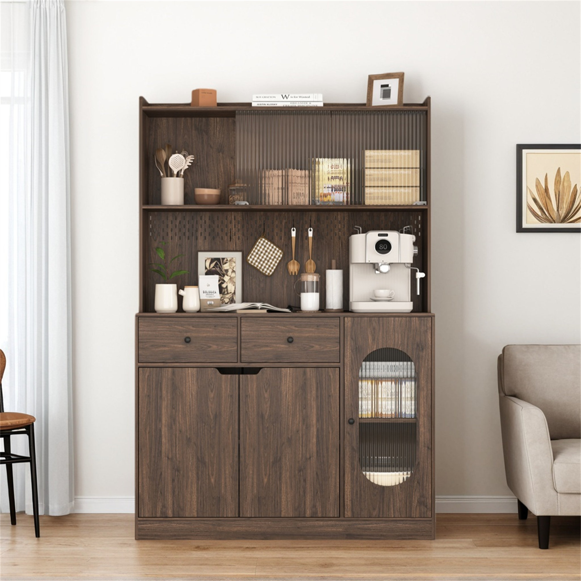 Latitude Run® Tall Kitchen Pantry Storage Cabinet With Pegboard Back, Reeded Glass Doors And ...