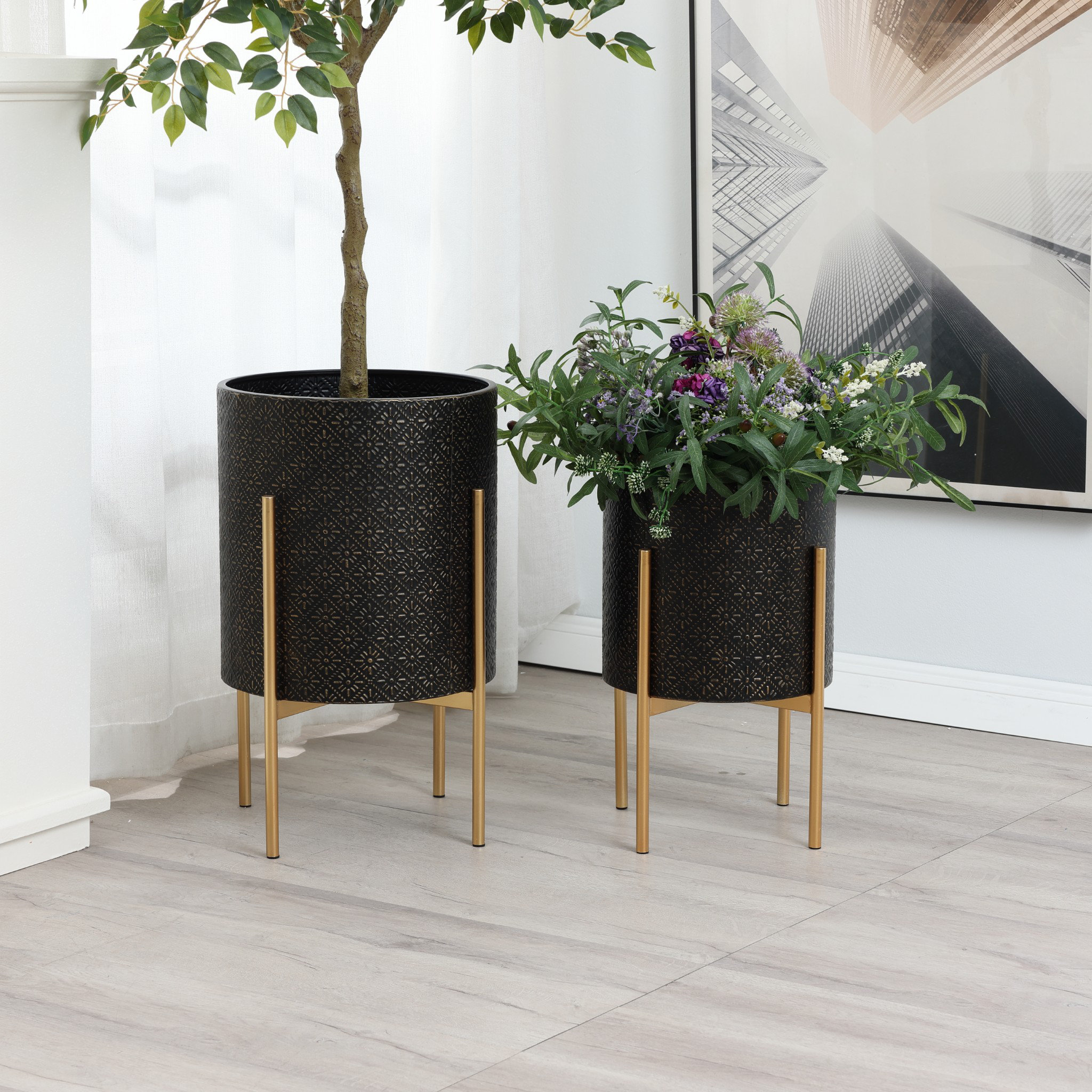 Mercer41 Set of 2 Black Floral Stamped Metal Cachepot Planters with ...