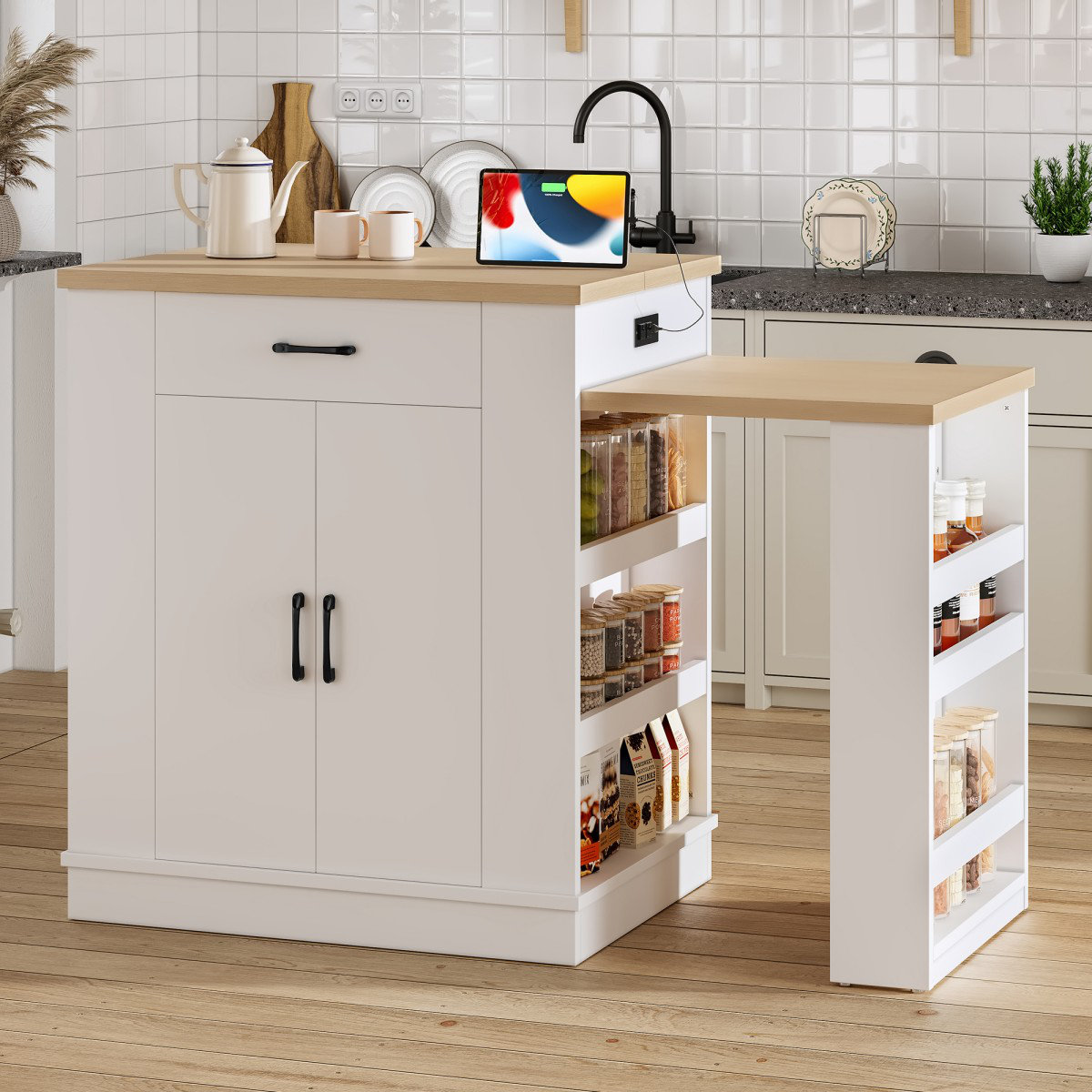 Ebern Designs Extendable island console with drawers, double-door ...