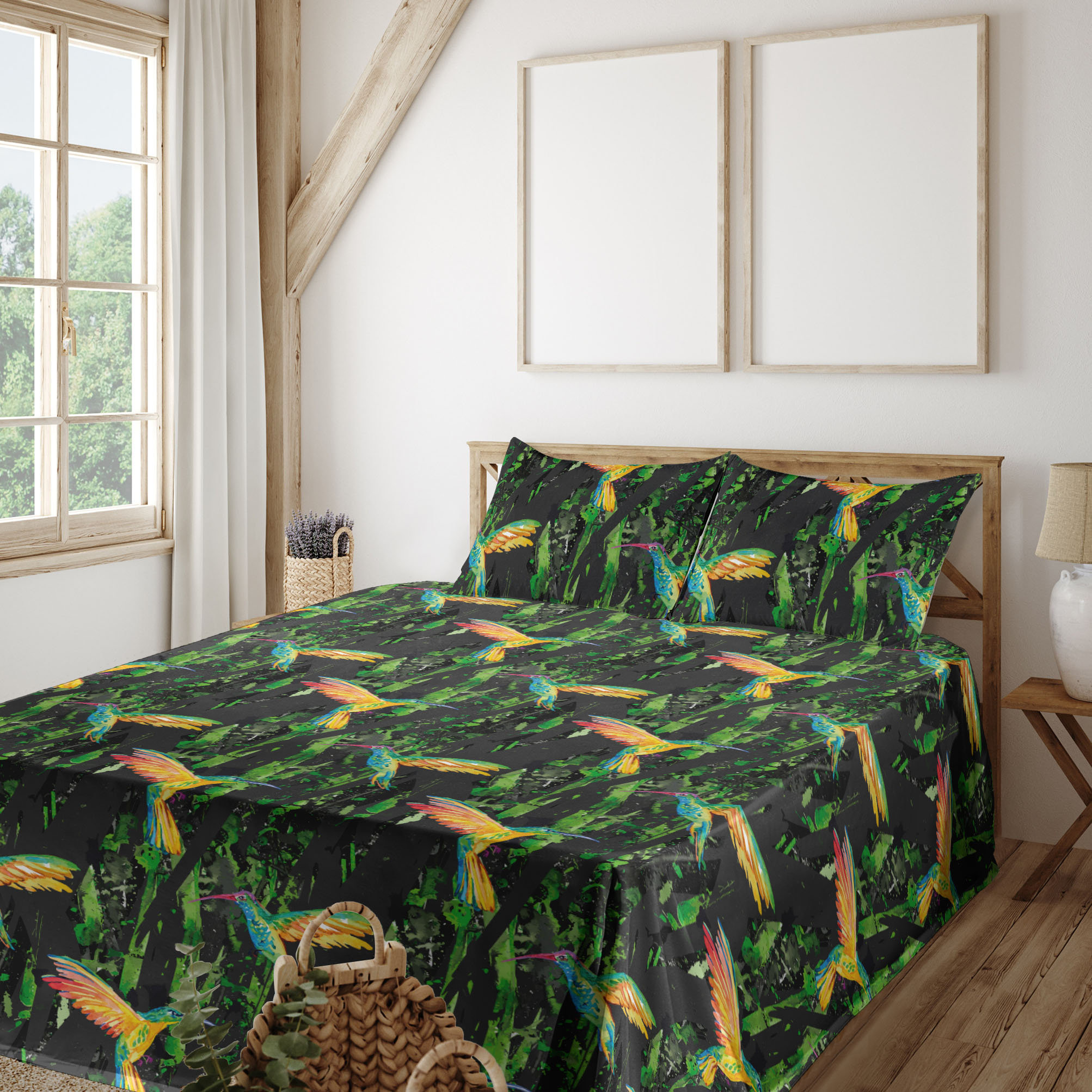 Ambesonne Birds and Nature Sheet Set Art Hummingbirds Fern Green ...