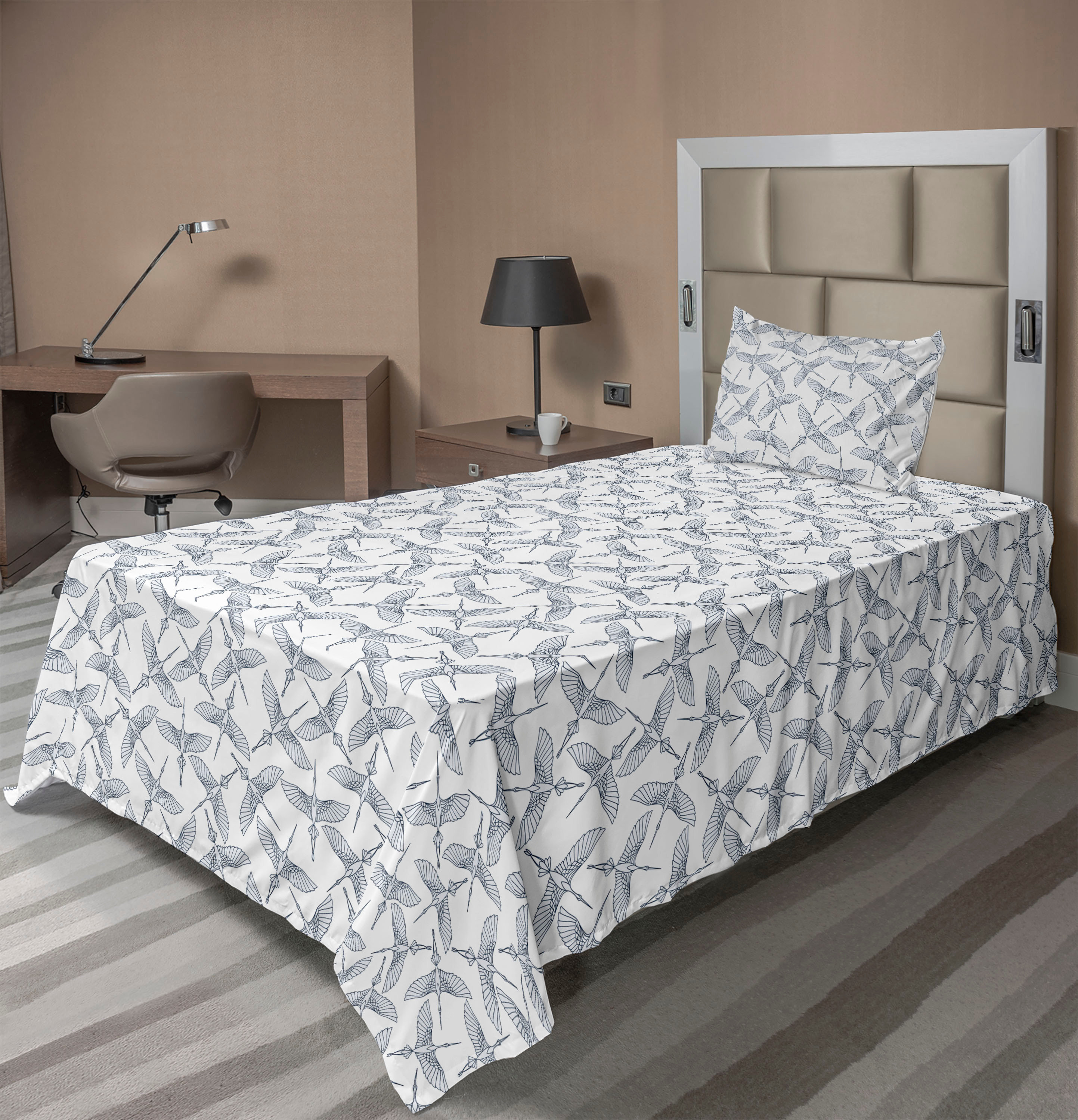Ambesonne Bird Print Sheet Set Soft Pattern of Cranes Off White and ...