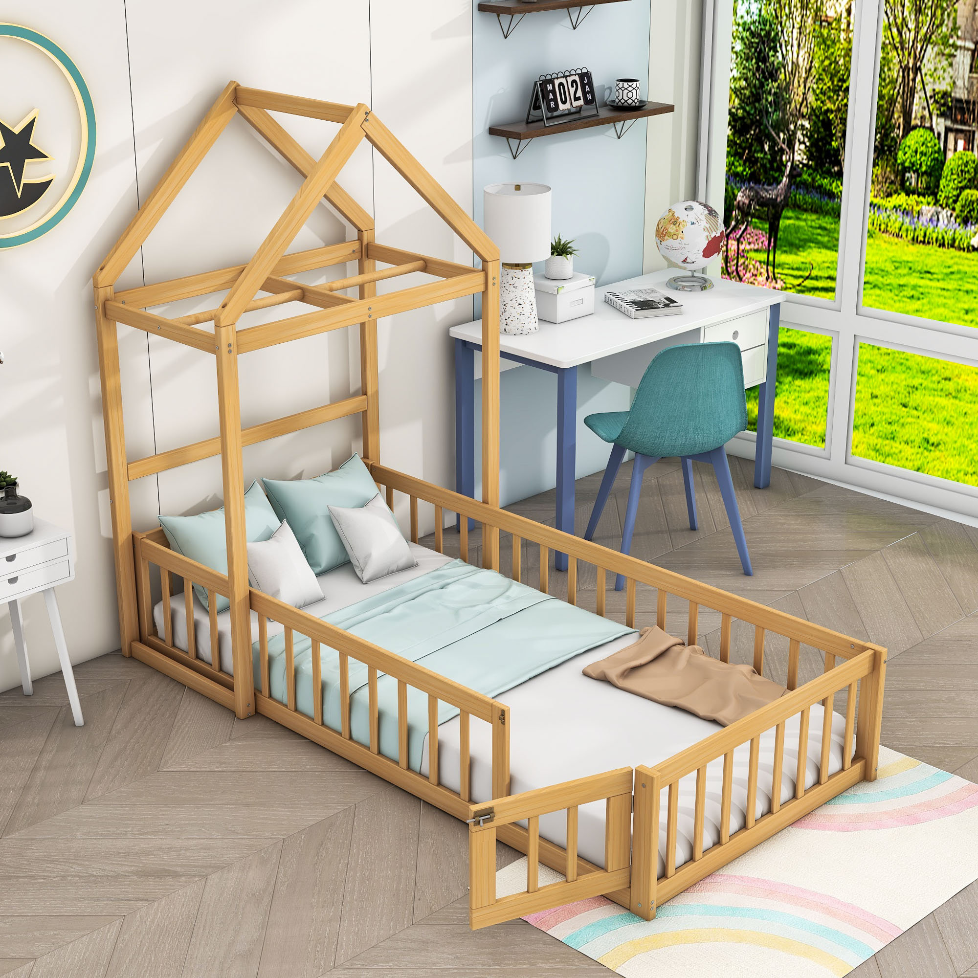Harper Orchard Wood House Platform Bed with Clothes Rack | Wayfair