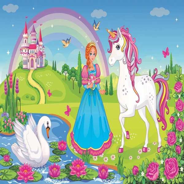 Red Barrel Studio Princess Unicorn Rainbow Wall Mural, Blue Fairy Tale ...