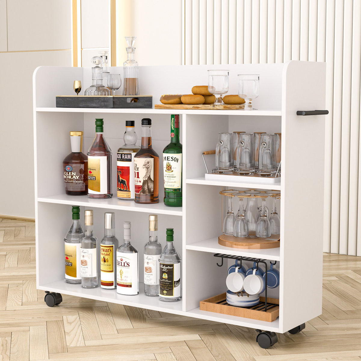 Ebern Designs White Rolling Kitchen Island Cart Irregular Storage Grid ...