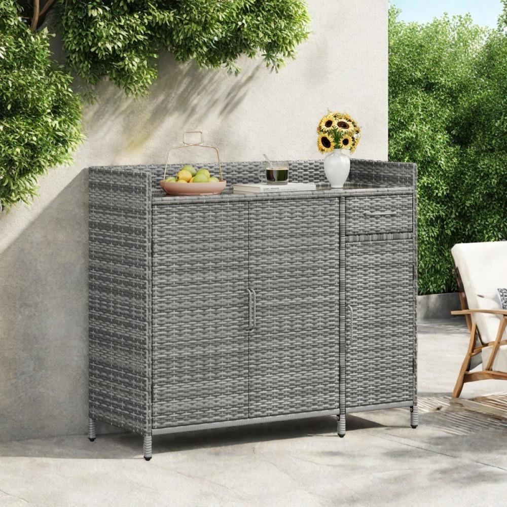 Ebern Designs Outdoor Wicker Kitchen Island with Tempered Glass Desktop ...