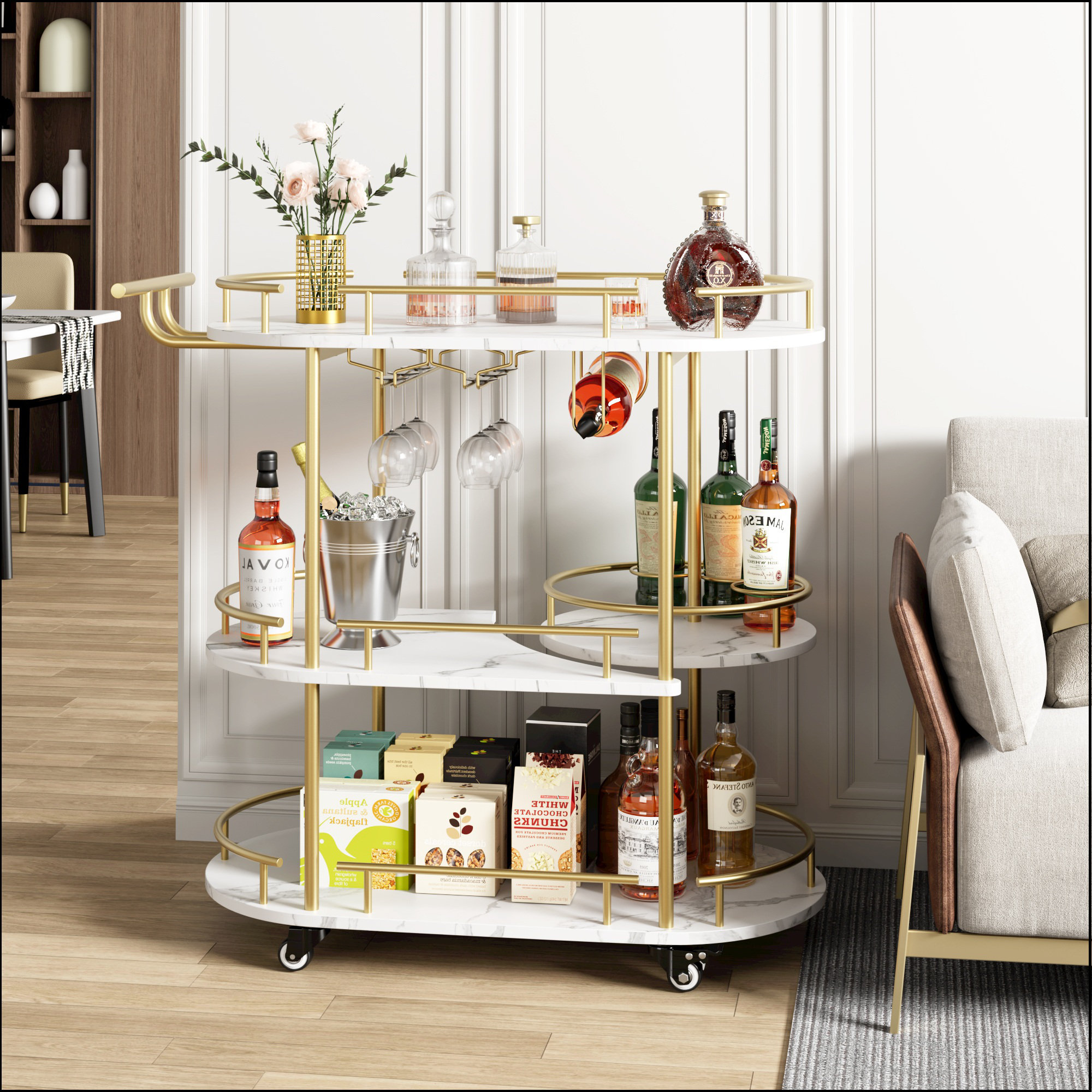 Mercer41 Gold Bar Carts With 3-tiers Storage Shelves,mobile Bar Seving ...